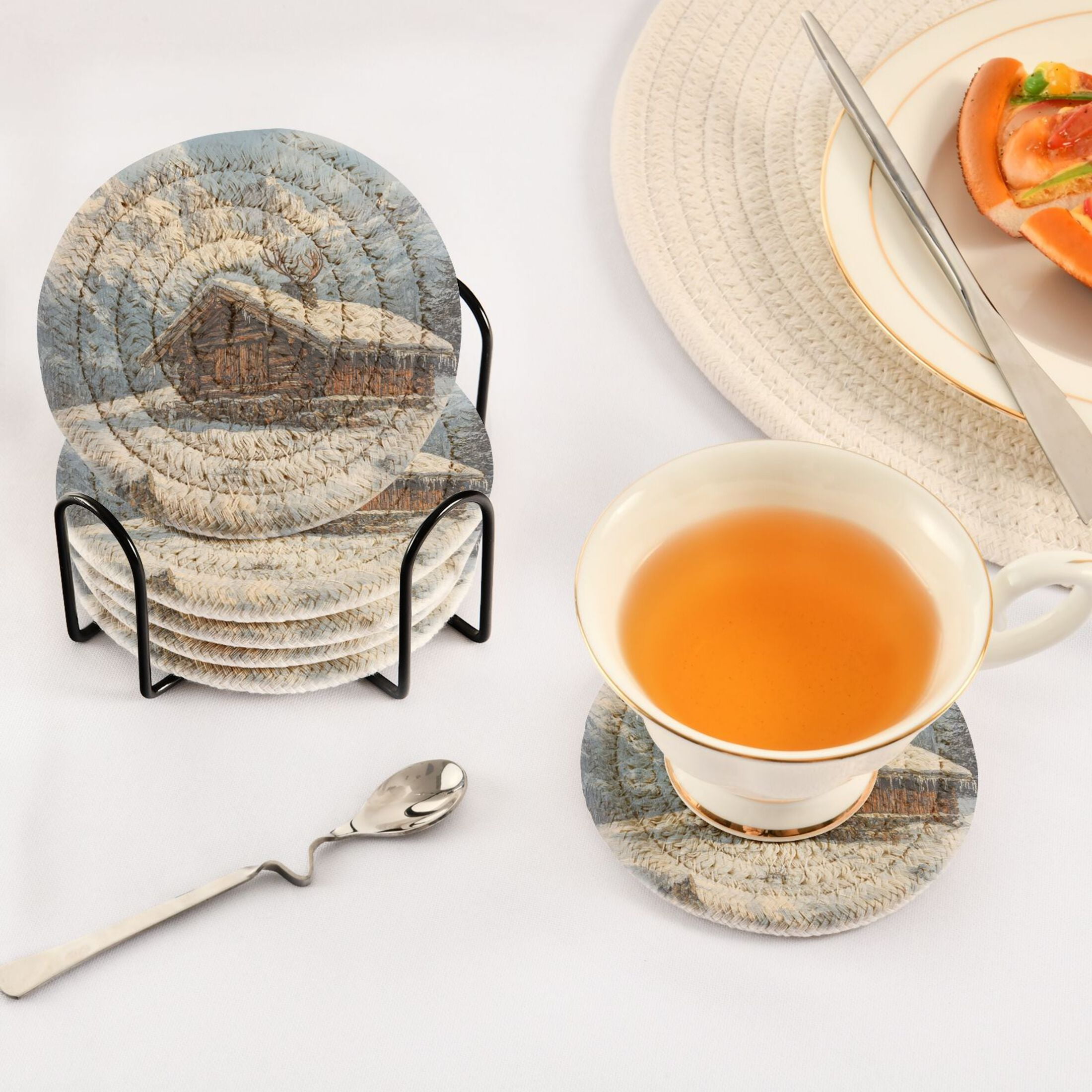 BZSMCE 6Pcs Drink Coasters With Holder 3.94Inch Wooden Cabin Creative ...
