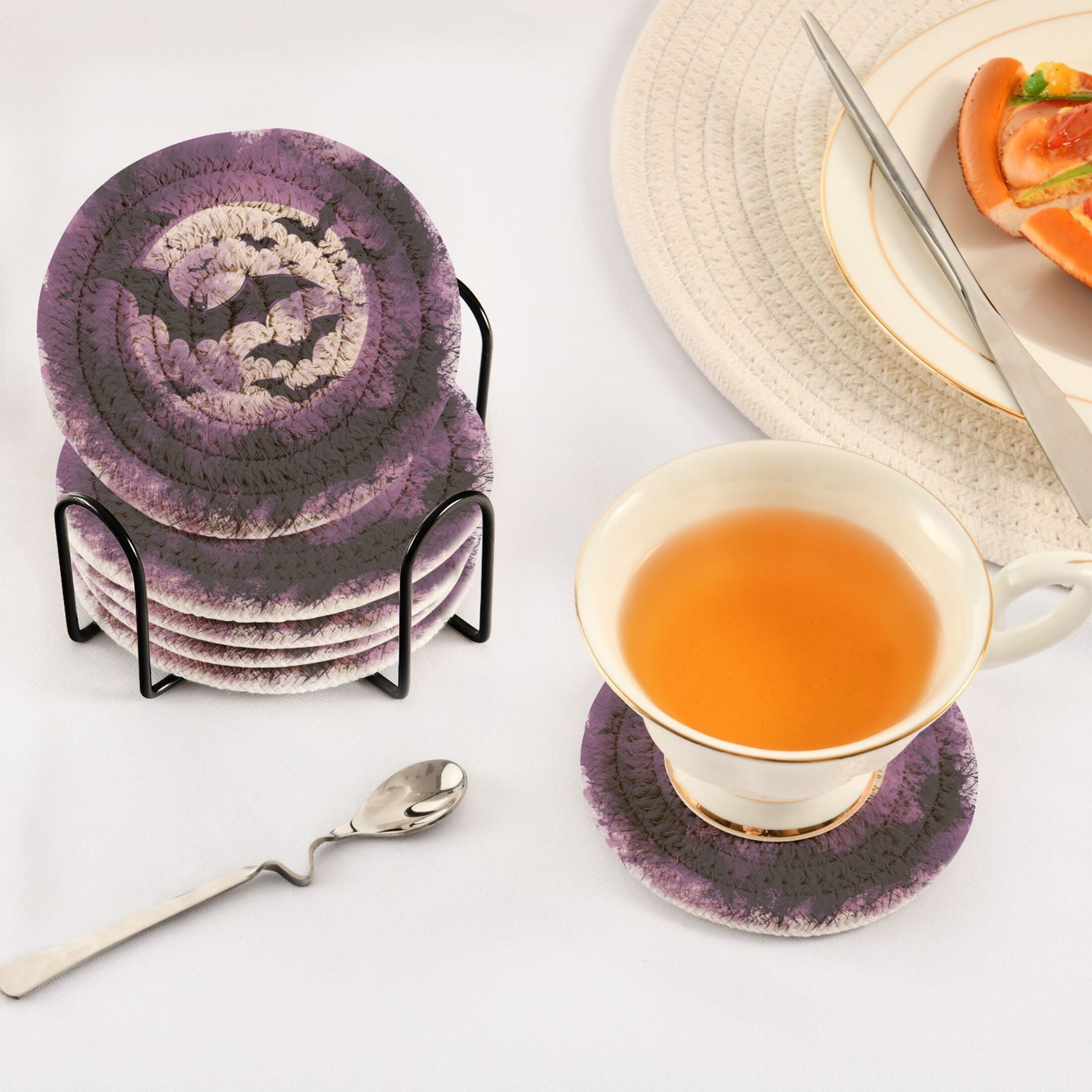 BZSMCE 6Pcs Drink Coasters With Holder 3.94Inch Bats Flying The Moon ...