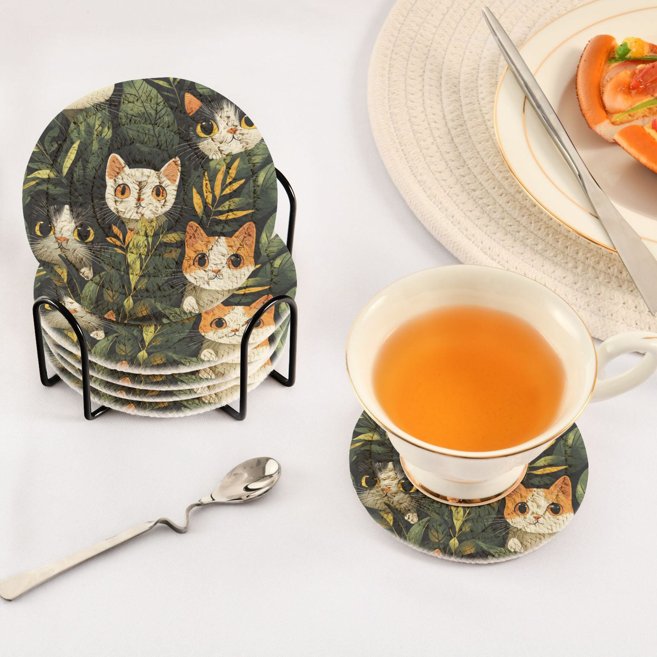 BZSMCE 6Pcs Drink Coasters With Holder 3.94Inch Cartoon Cats Peeking ...