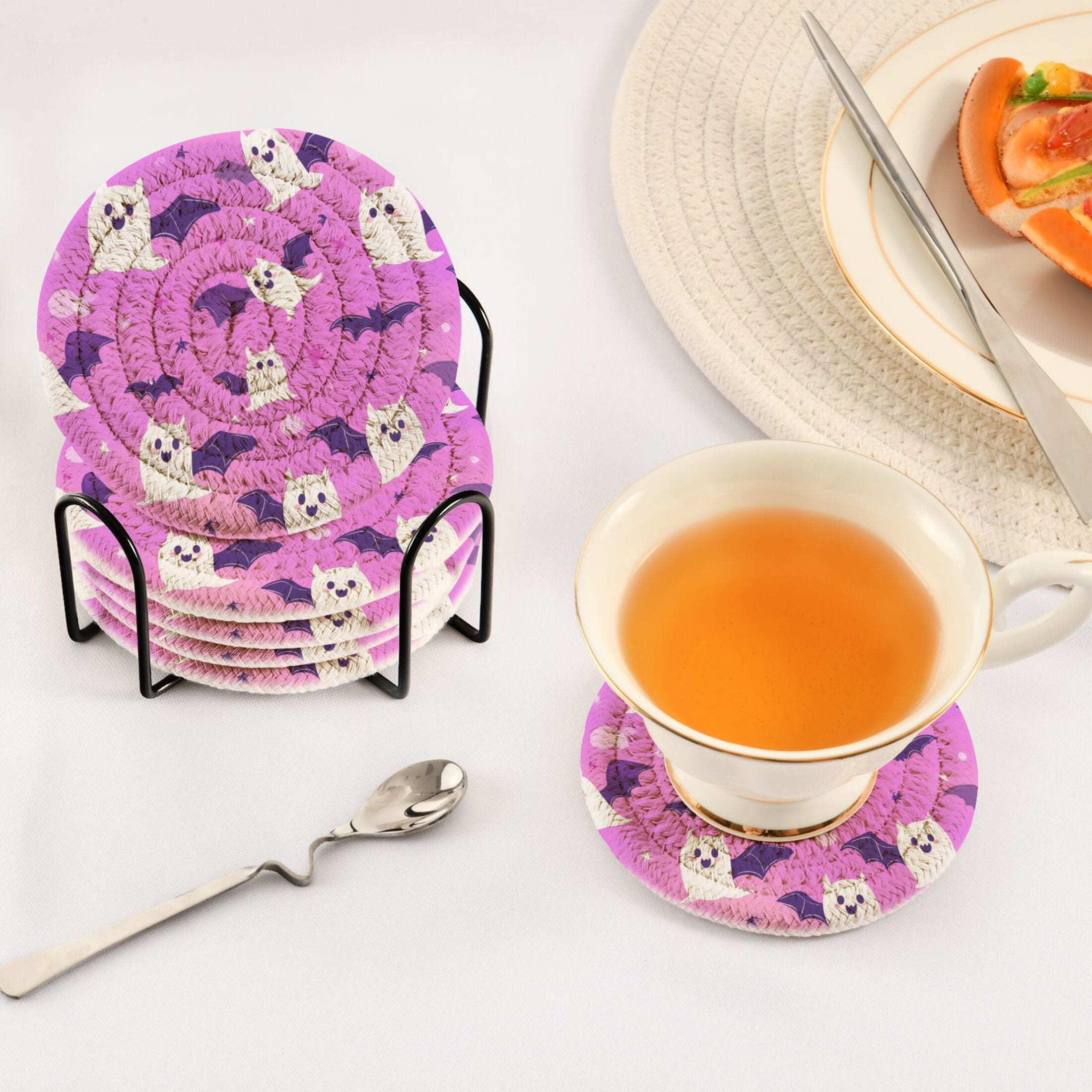 BZSMCE 6Pcs Drink Coasters With Holder 3.94Inch Cute Bat Pattern ...