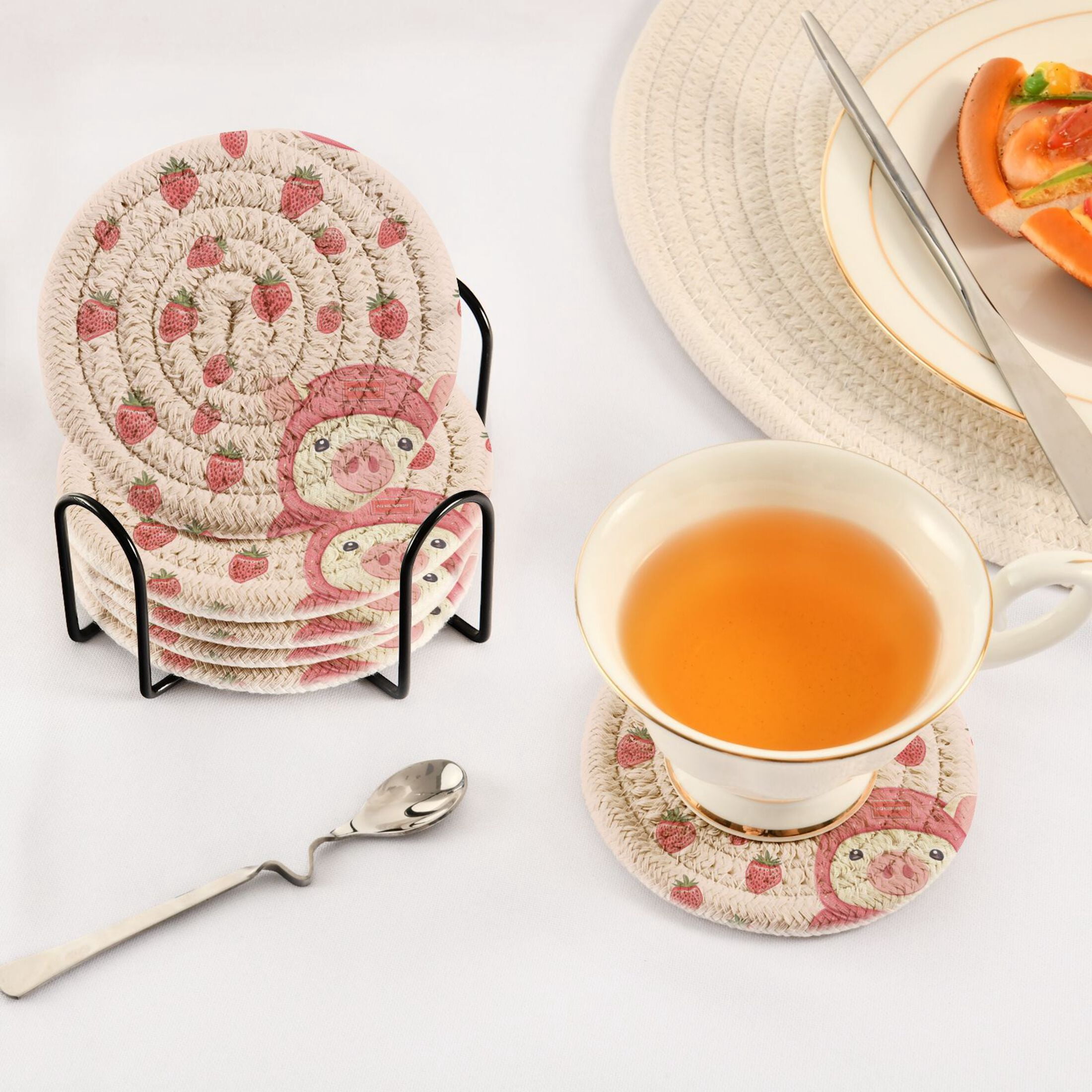 BZSMCE 6Pcs Drink Coasters With Holder 3.94Inch Cute Piggy Wearing ...