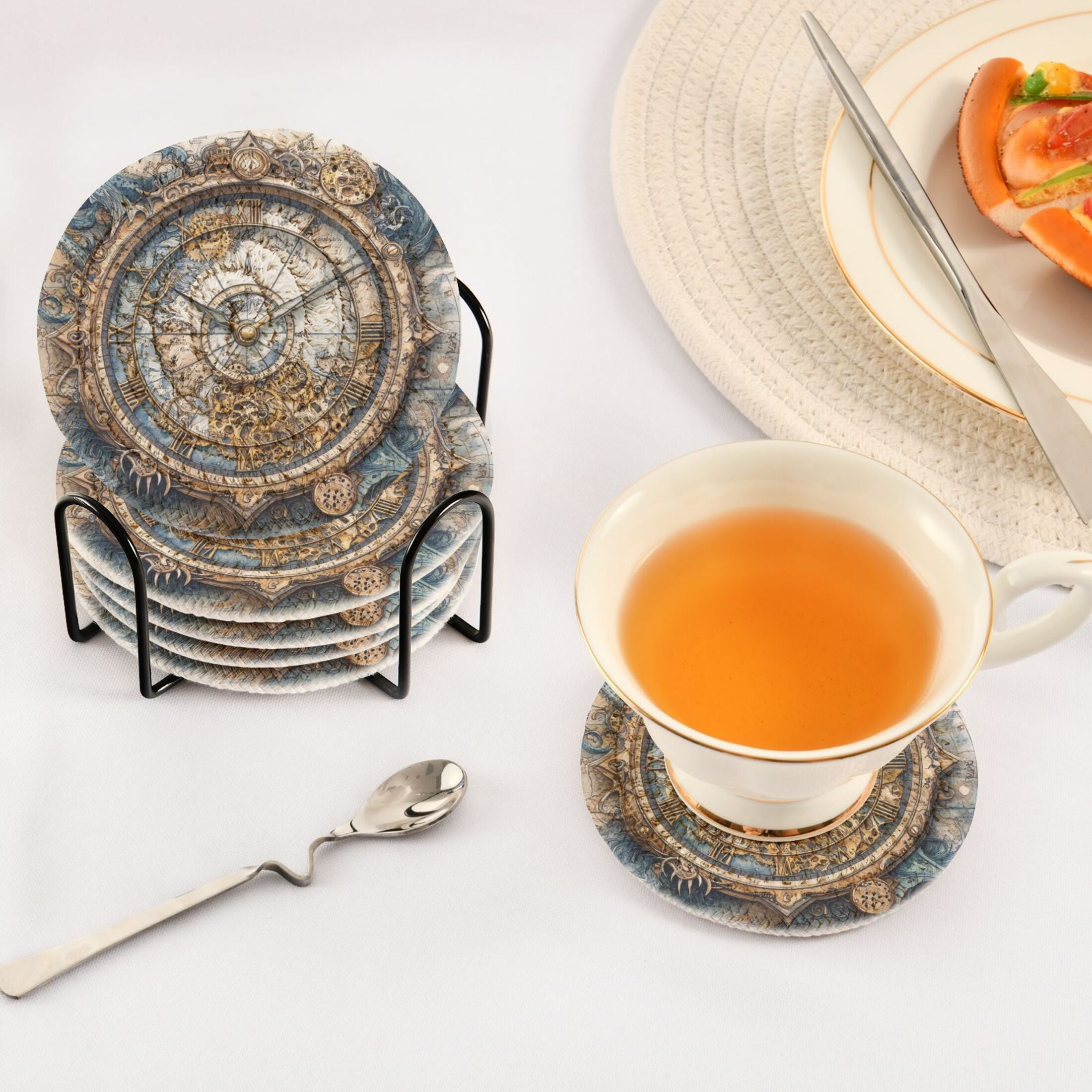 BZSMCE 6Pcs Drink Coasters With Holder 3.94Inch Marine Clock Painting ...