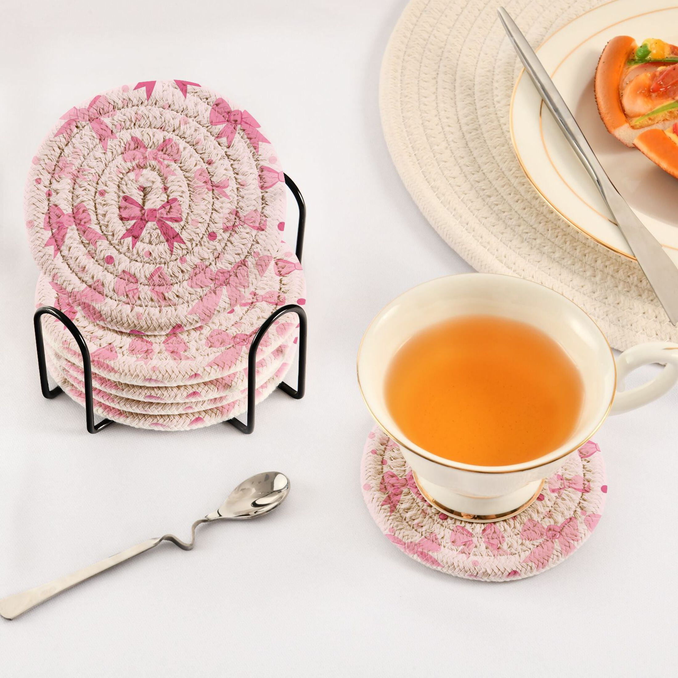 BZSMCE 6Pcs Drink Coasters With Holder 3.94Inch Pink Bowknot Pattern ...