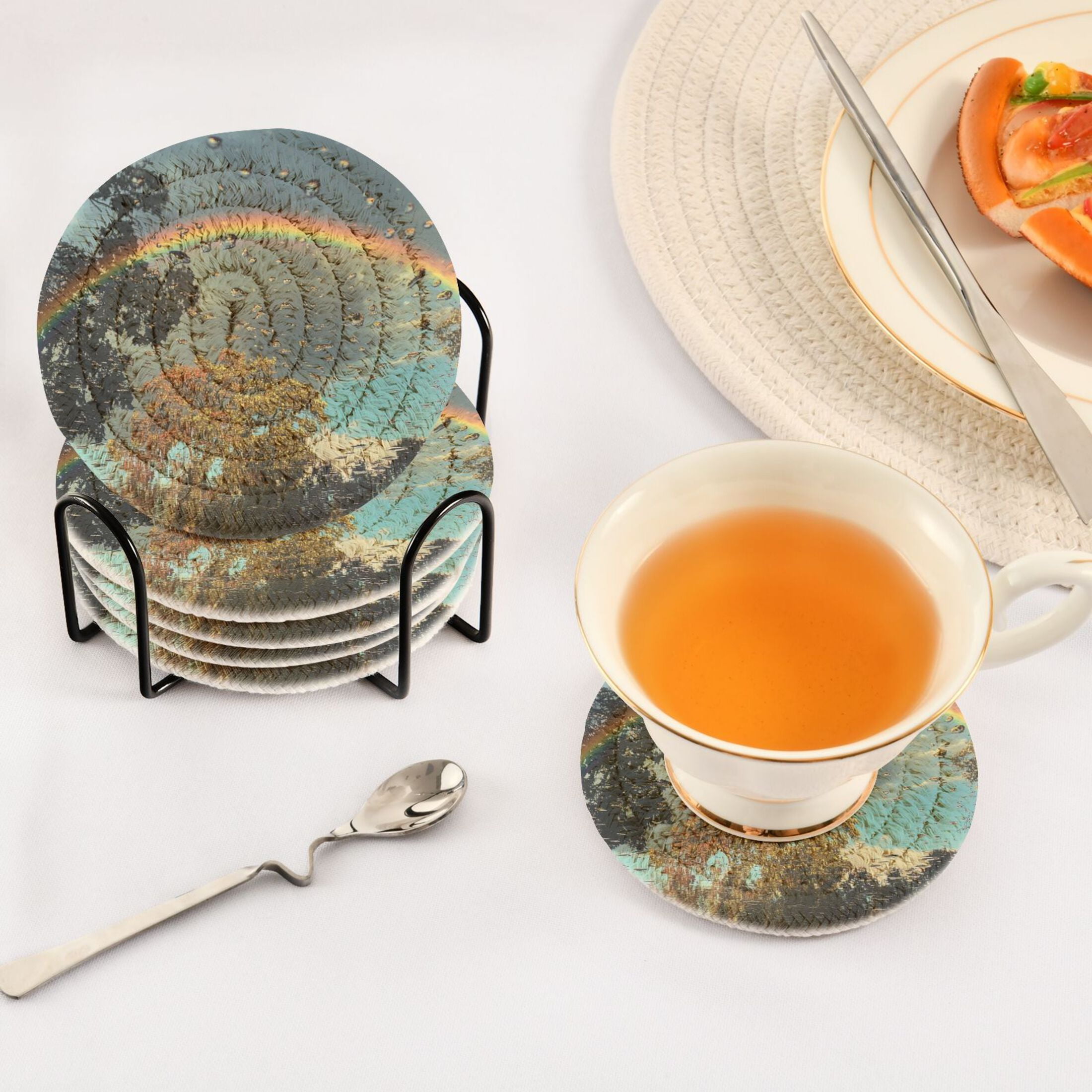 BZSMCE 6Pcs Drink Coasters With Holder 3.94Inch Rainbow Creative Coil ...
