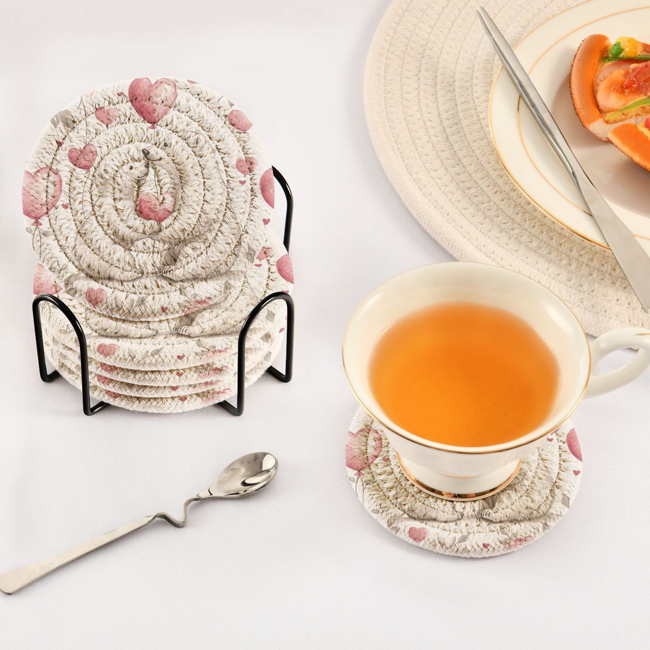 BZSMCE 6Pcs Drink Coasters With Holder 3.94Inch Watercolor Pink Floral Roses and Baby Polar Bear ...