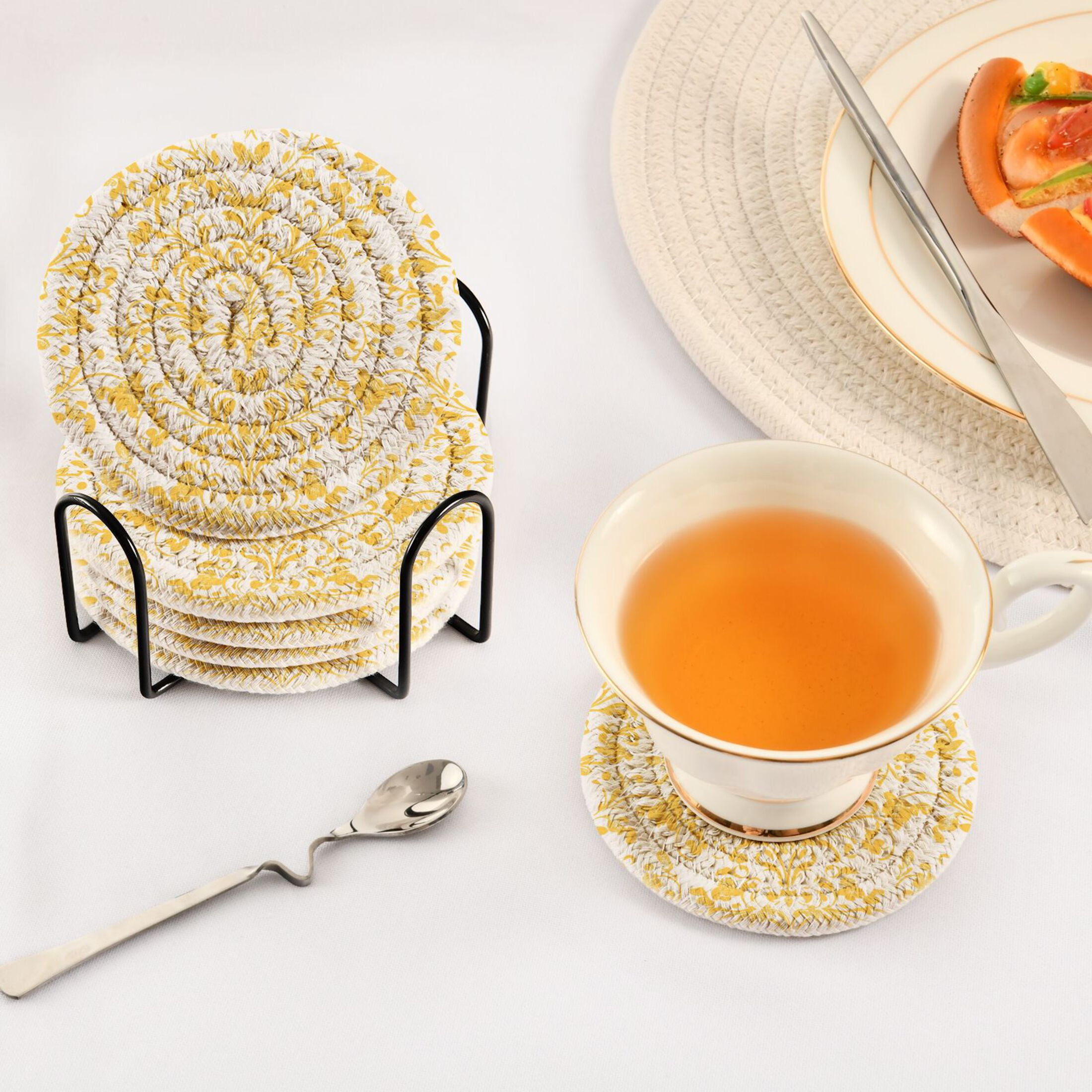 BZSMCE 6Pcs Drink Coasters With Holder 3.94Inch Yellow Texture Creative ...