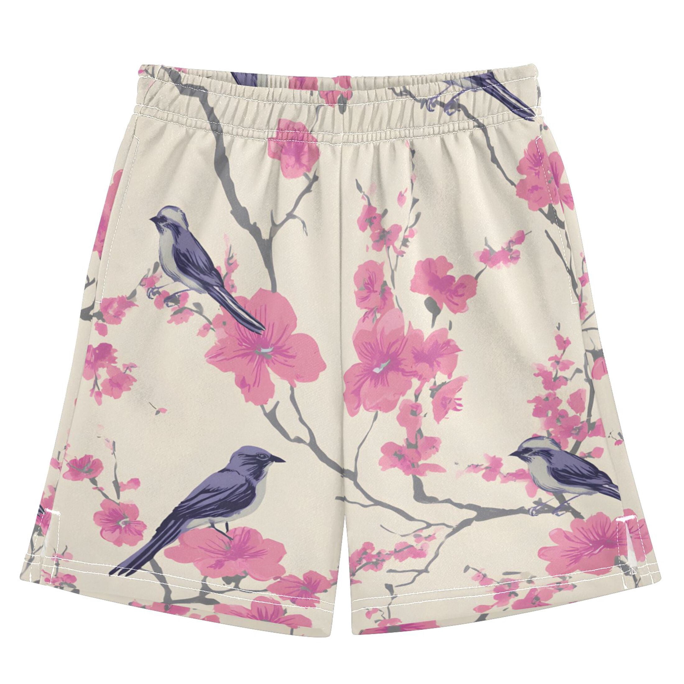 BZSMCE Adjustable Drawstring Casual Shorts With Bird Pink Flower ...