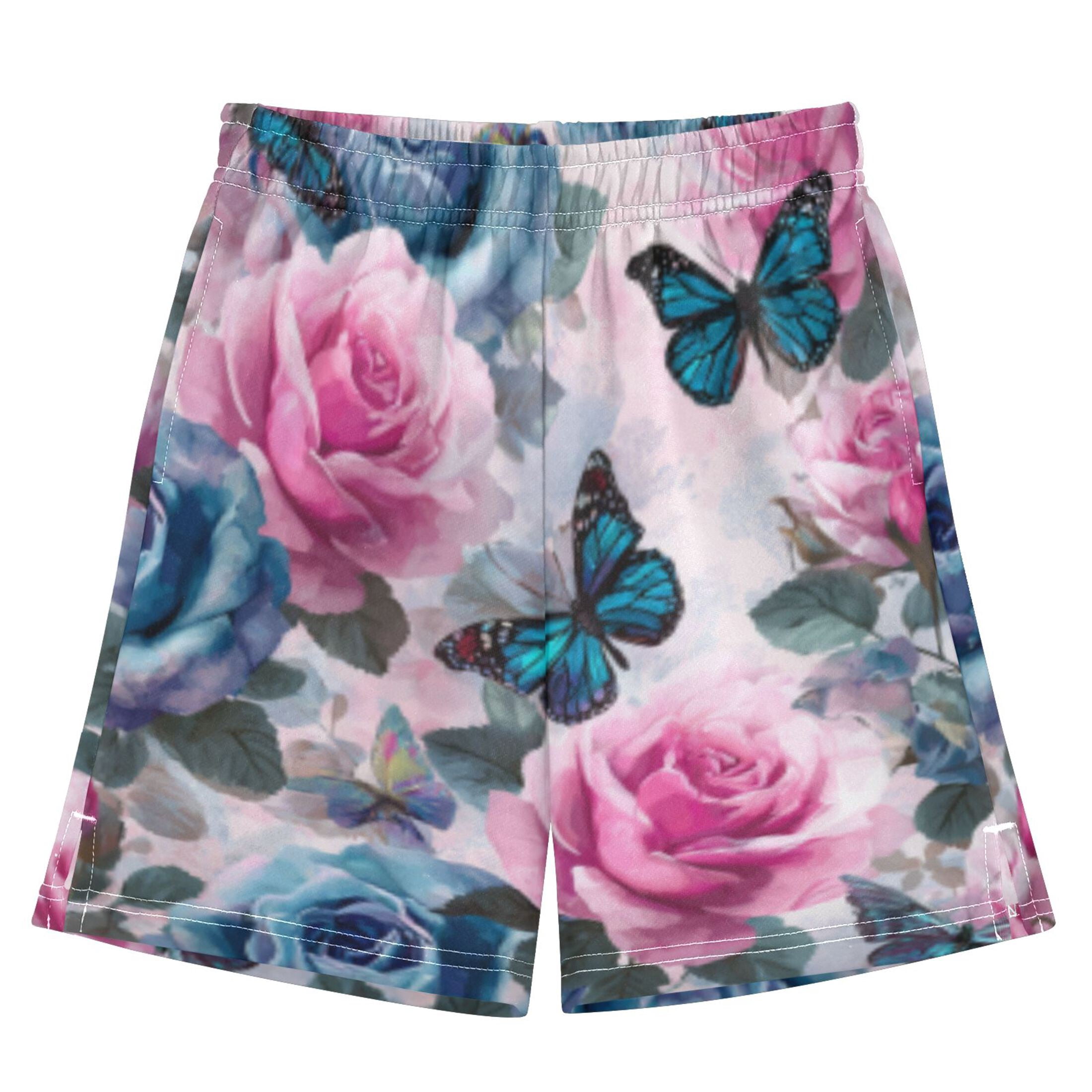BZSMCE Adjustable Drawstring Casual Shorts With Blue & Pink Rose ...