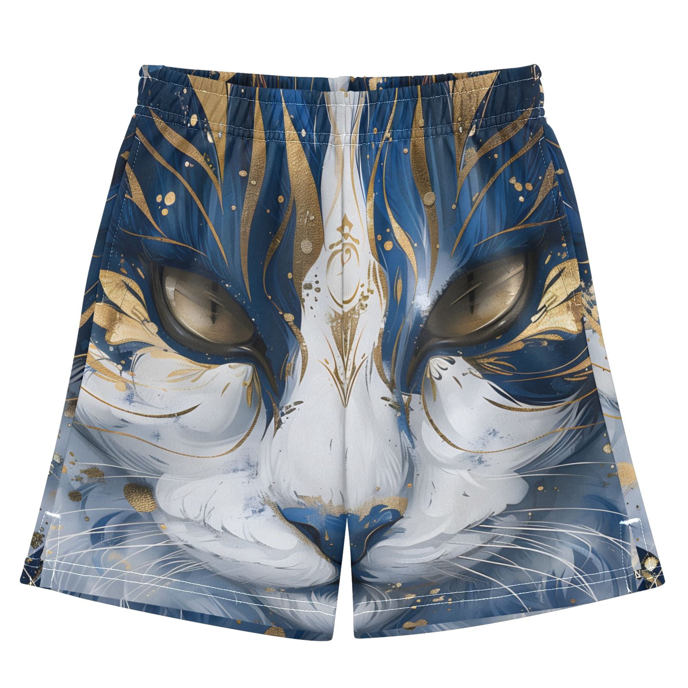 BZSMCE Adjustable Drawstring Casual Shorts With Blue and White Cat ...