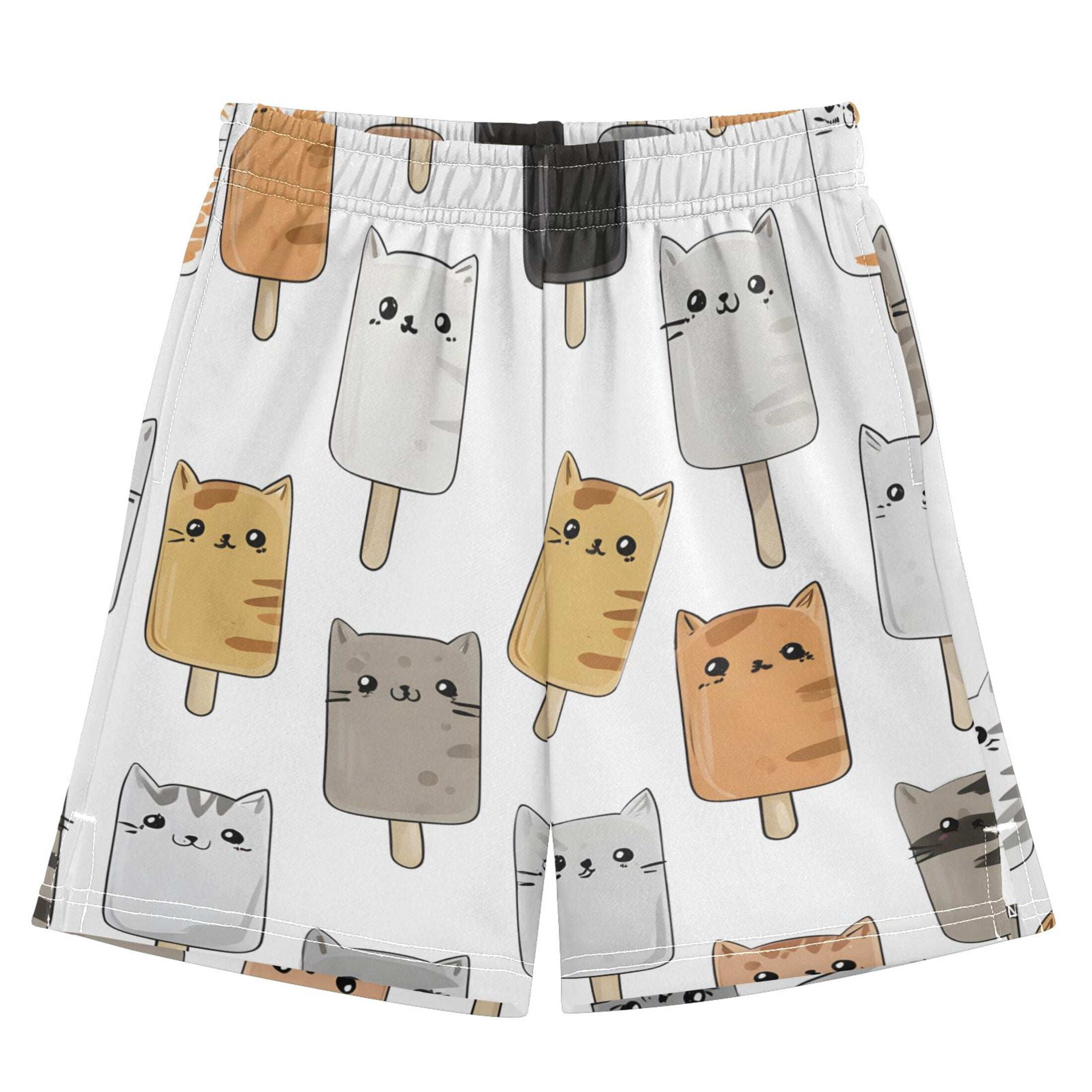 BZSMCE Adjustable Drawstring Casual Shorts With Cat Ice Cream Pattern ...