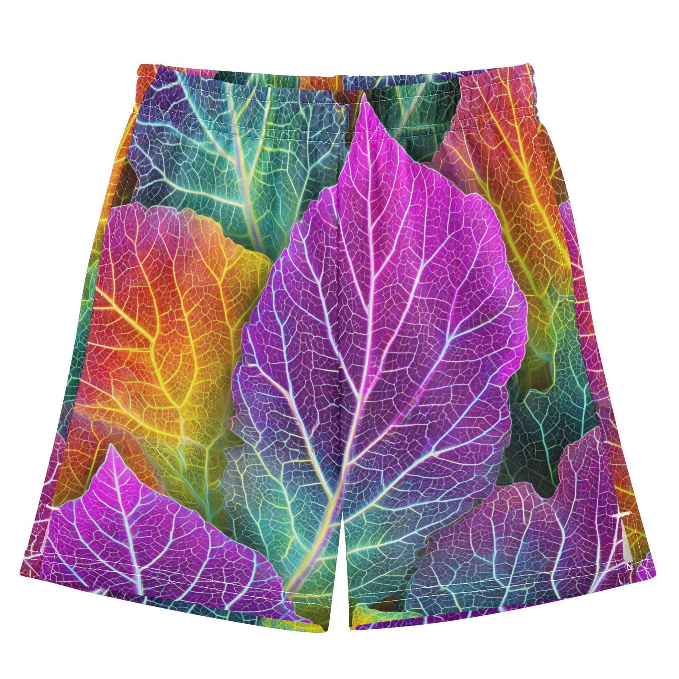 BZSMCE Adjustable Drawstring Casual Shorts With Colorful Leaf Texture ...