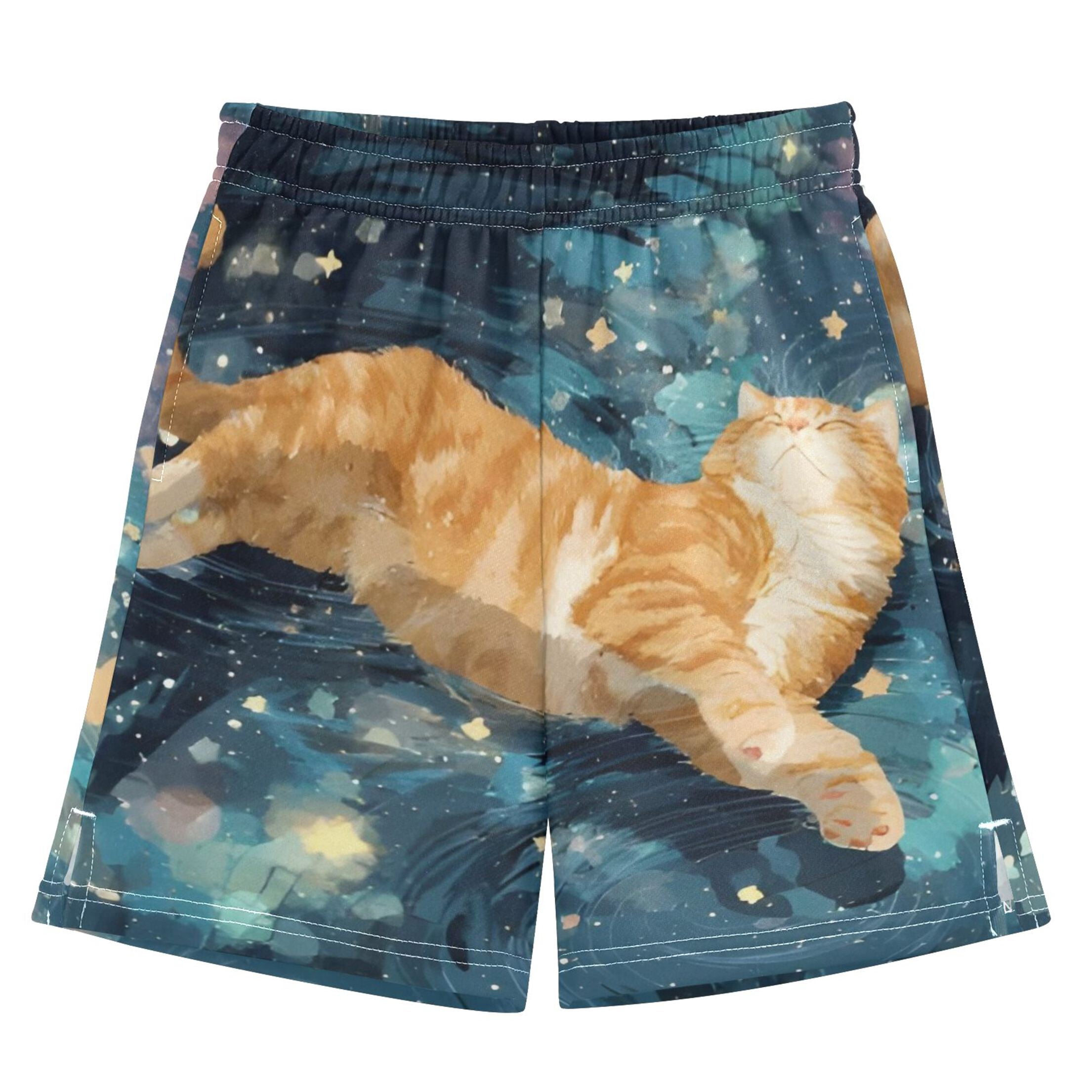 BZSMCE Adjustable Drawstring Casual Shorts With Cosmic Floating Cat ...