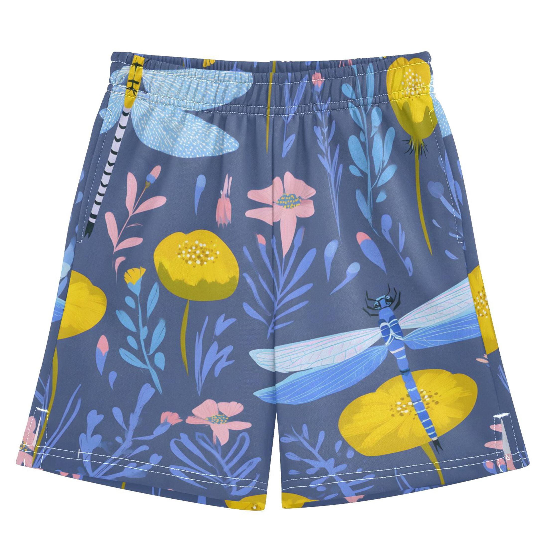BZSMCE Adjustable Drawstring Casual Shorts With Dragonflies Flowers ...