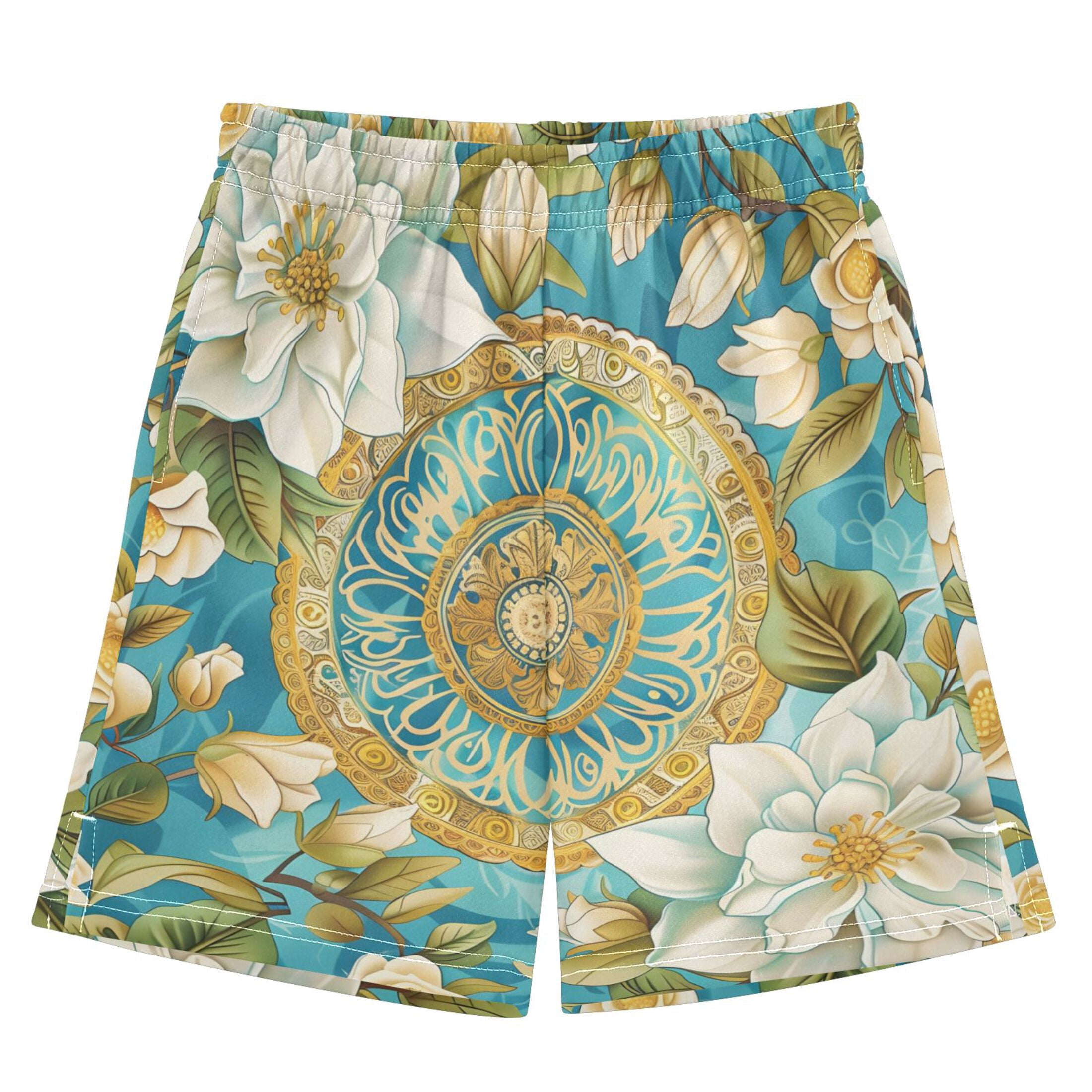 BZSMCE Adjustable Drawstring Casual Shorts With Flower Mandala Green ...
