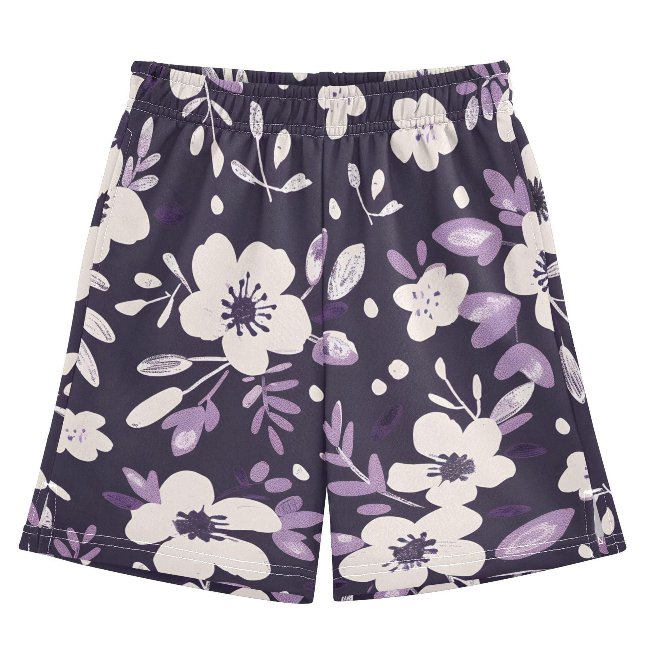 BZSMCE Adjustable Drawstring Casual Shorts With Flowers White Purple ...
