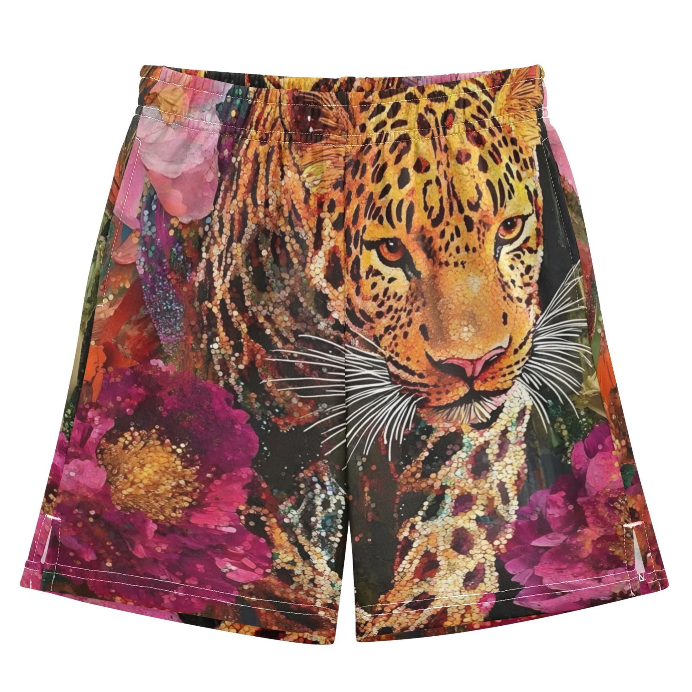 BZSMCE Adjustable Drawstring Casual Shorts With Fuchsia Bloom Leopard ...