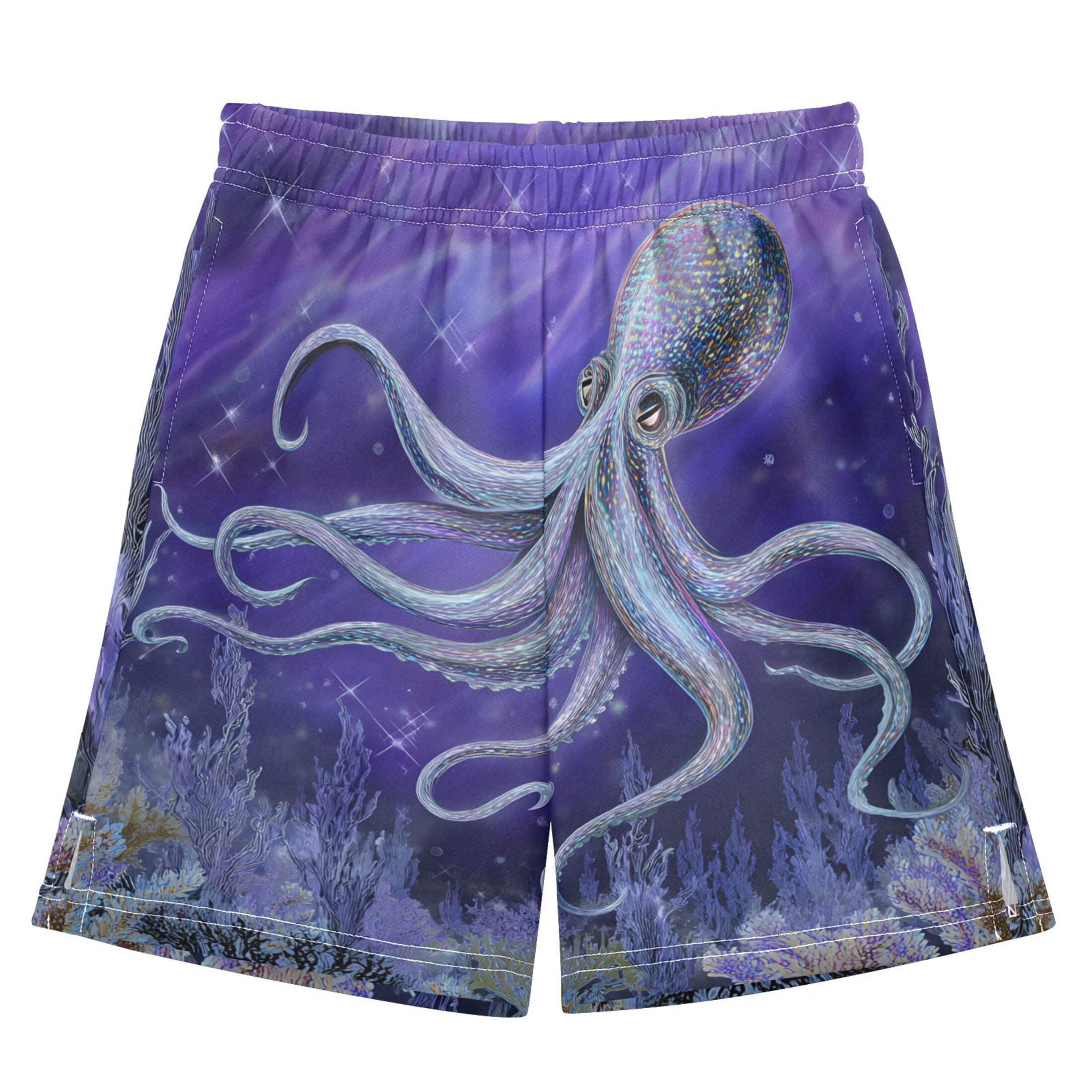 BZSMCE Adjustable Drawstring Casual Shorts With Holographic Octopus ...
