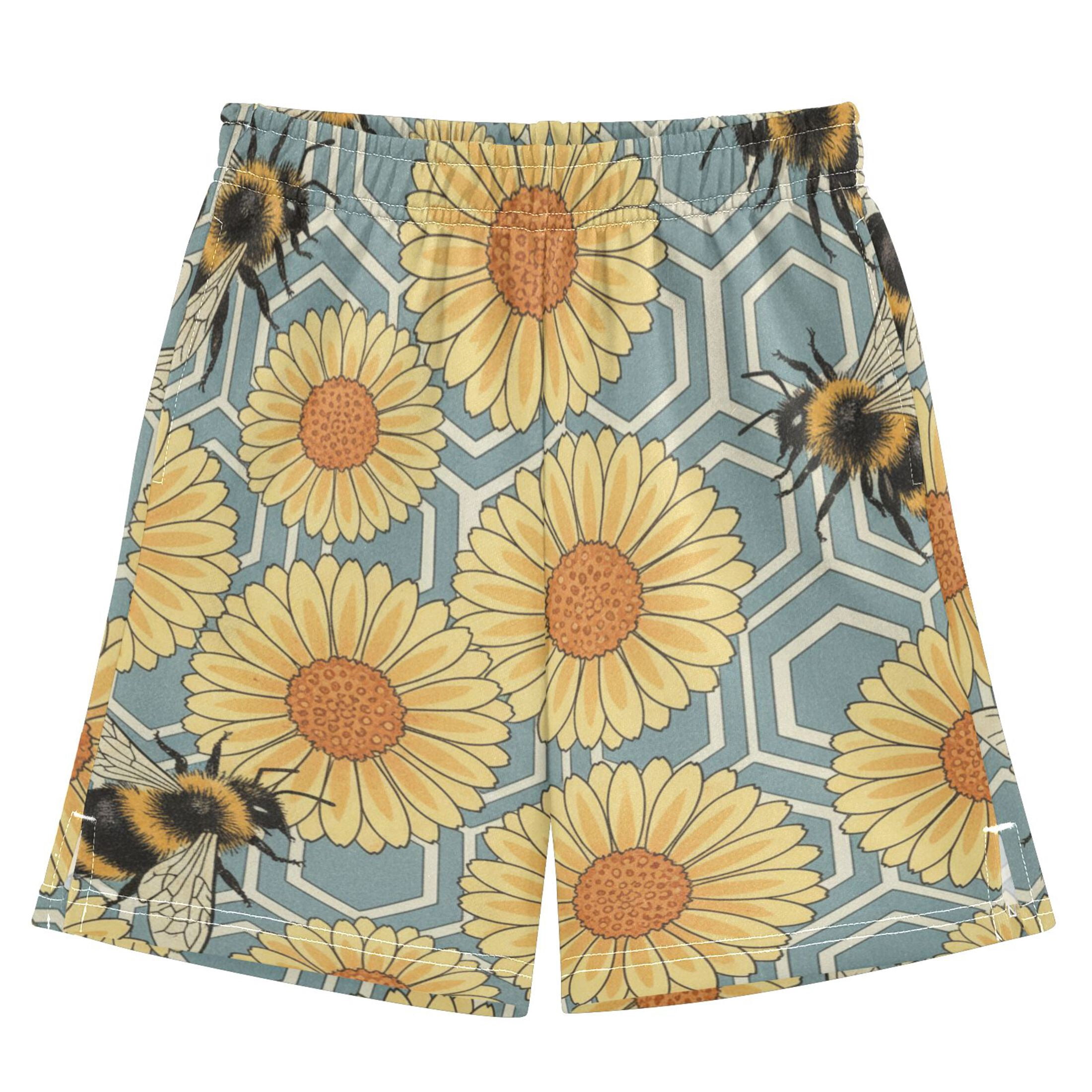 BZSMCE Adjustable Drawstring Casual Shorts With Honey Bees Flowers ...