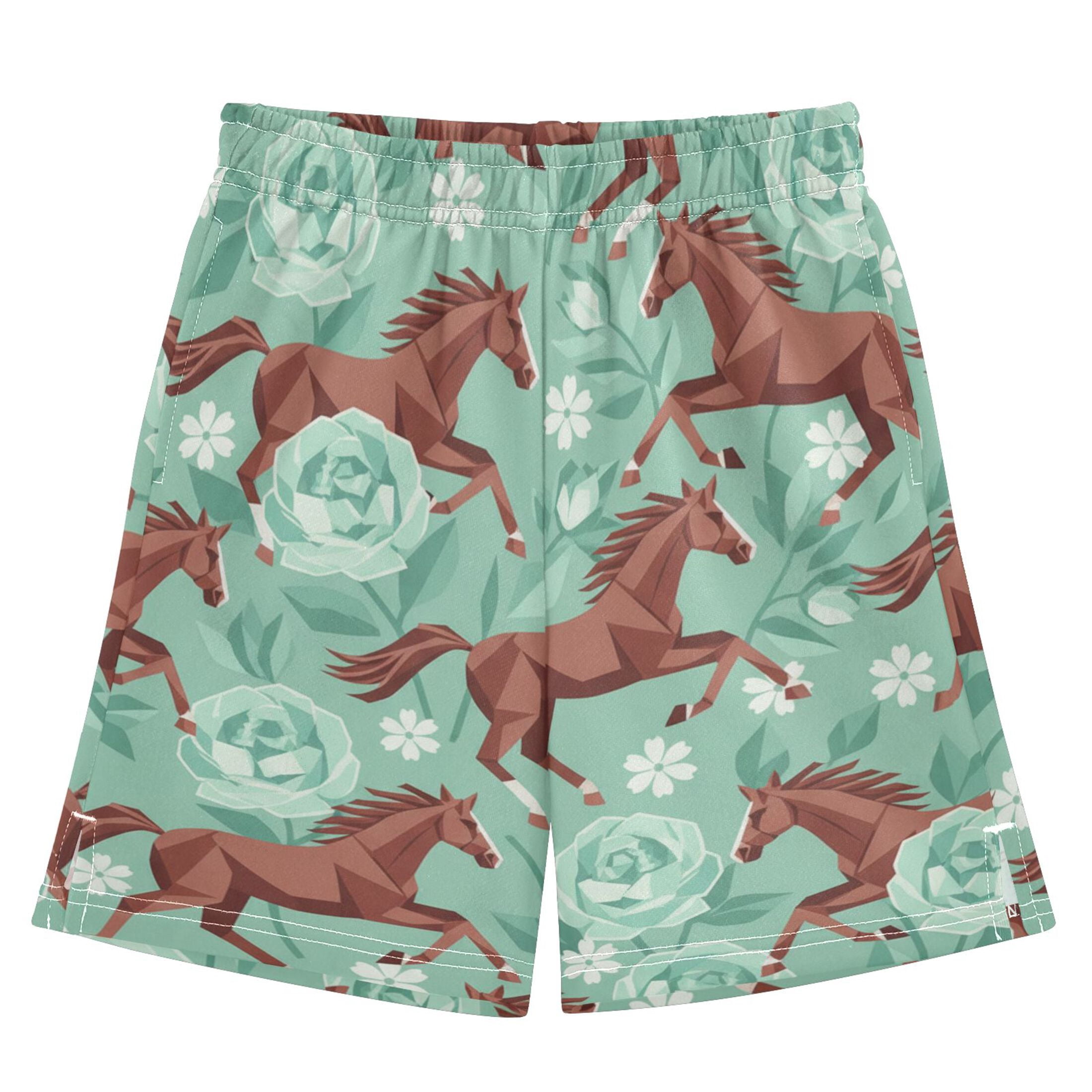 BZSMCE Adjustable Drawstring Casual Shorts With Horses and Flowers ...