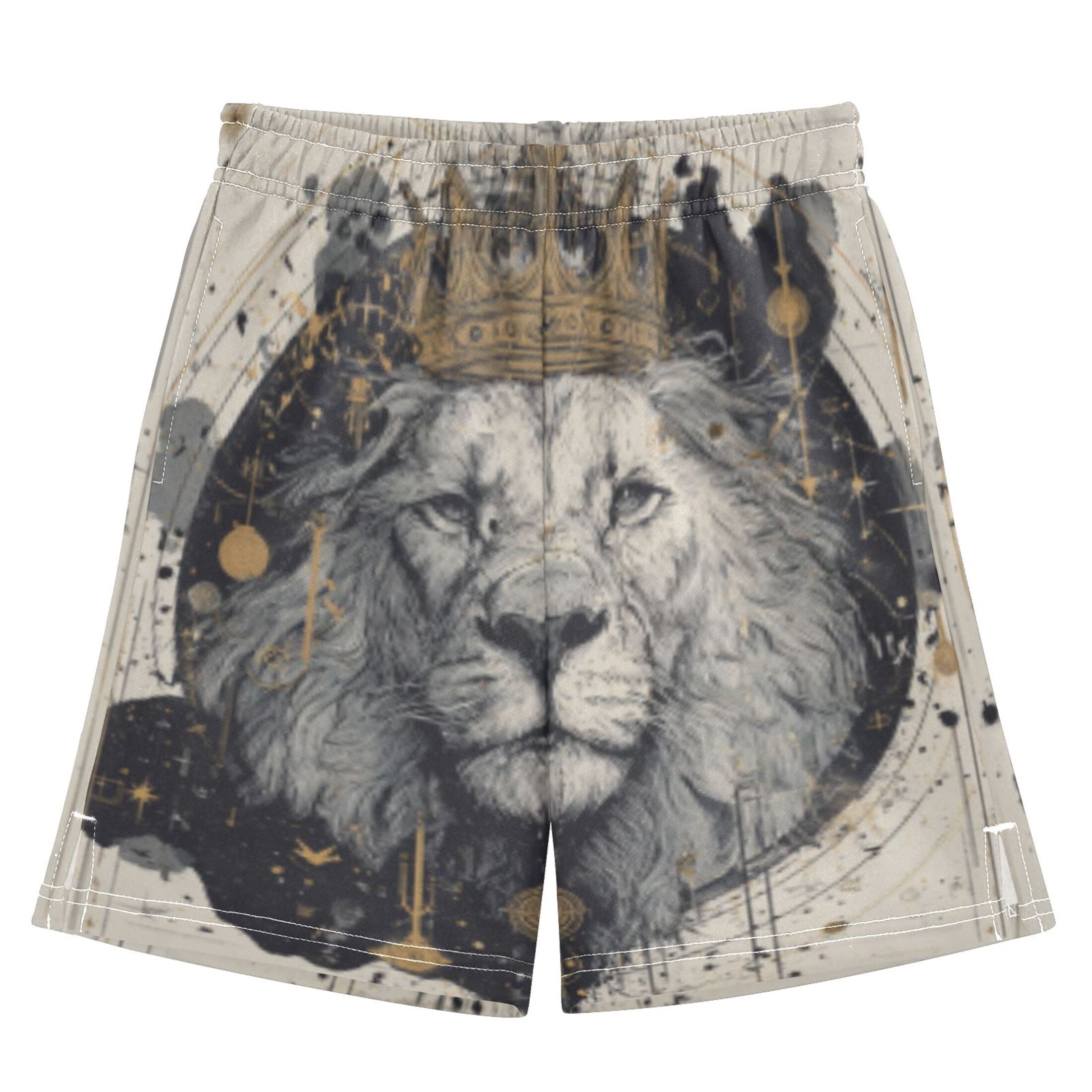 BZSMCE Adjustable Drawstring Casual Shorts With Ornate Crowned Lion ...