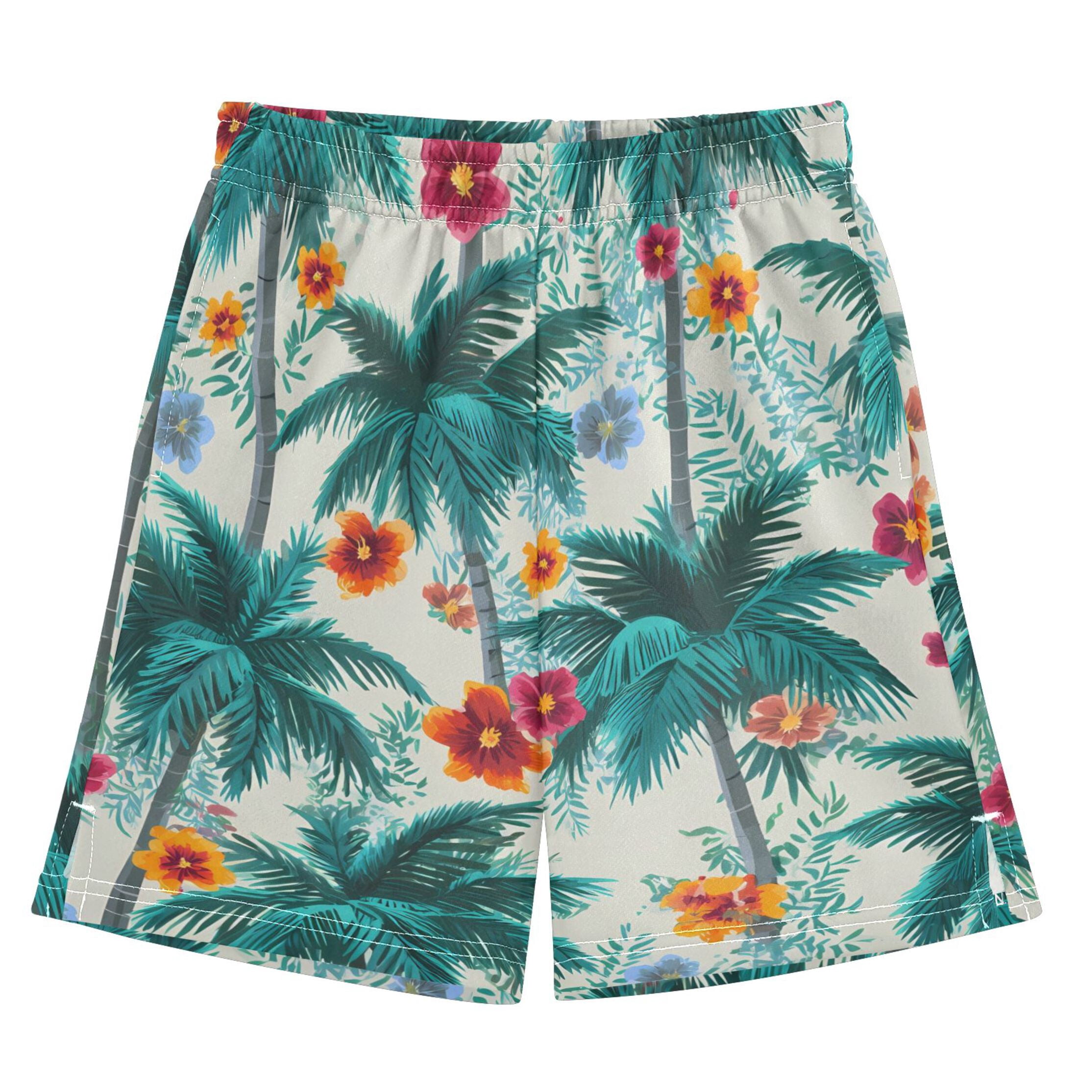 BZSMCE Adjustable Drawstring Casual Shorts With Palm Trees Hibiscus ...