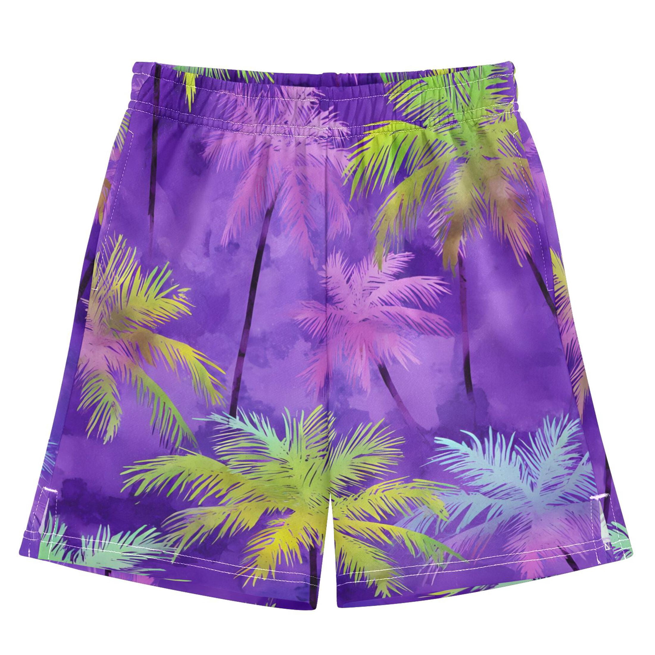 BZSMCE Adjustable Drawstring Casual Shorts With Palm Trees Purple ...