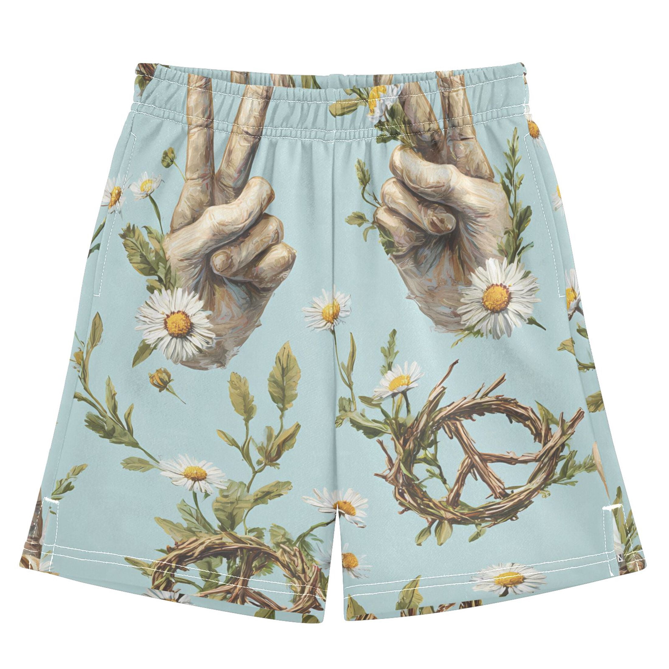 BZSMCE Adjustable Drawstring Casual Shorts With Peace Symbol Daisy ...