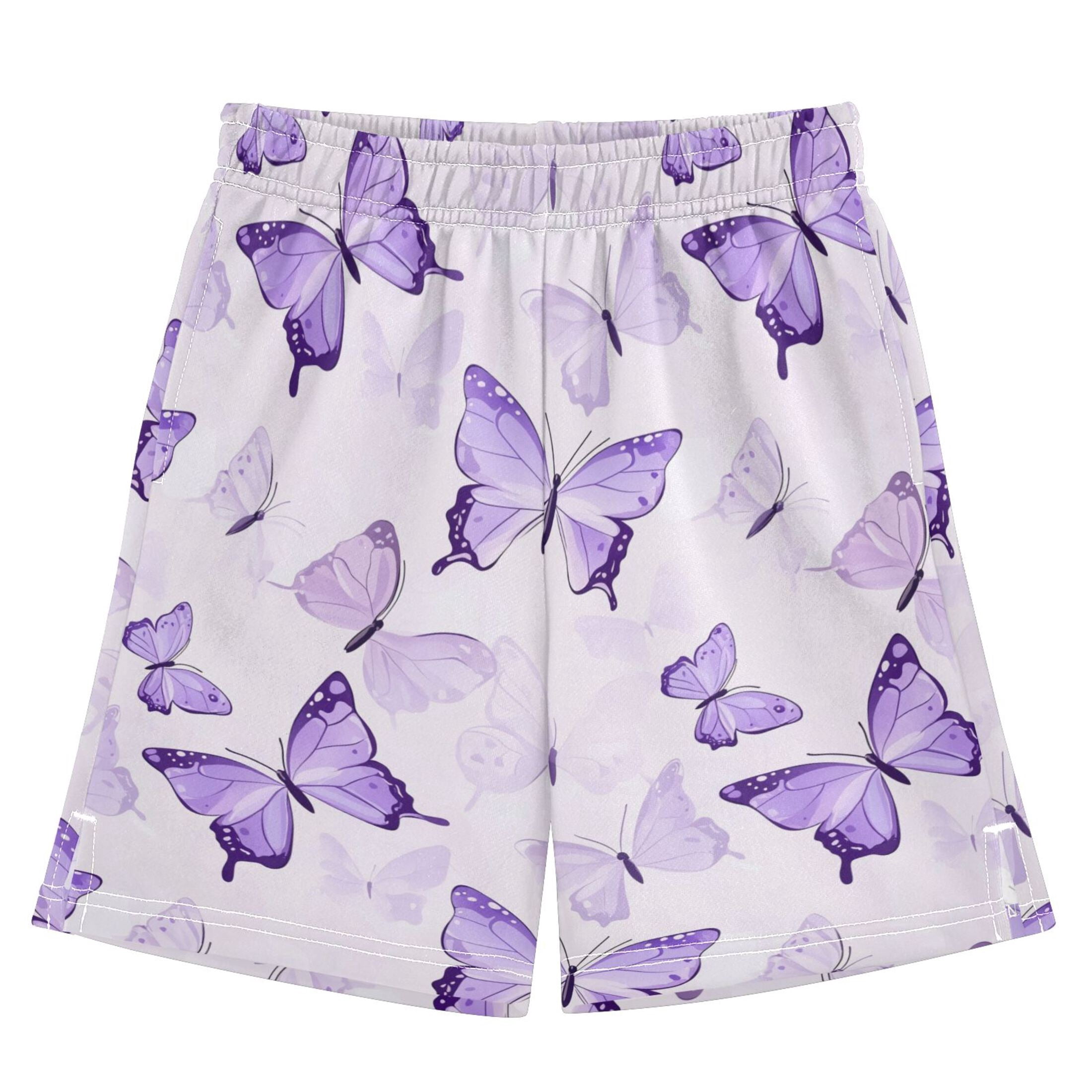BZSMCE Adjustable Drawstring Casual Shorts With Purple Butterflies ...