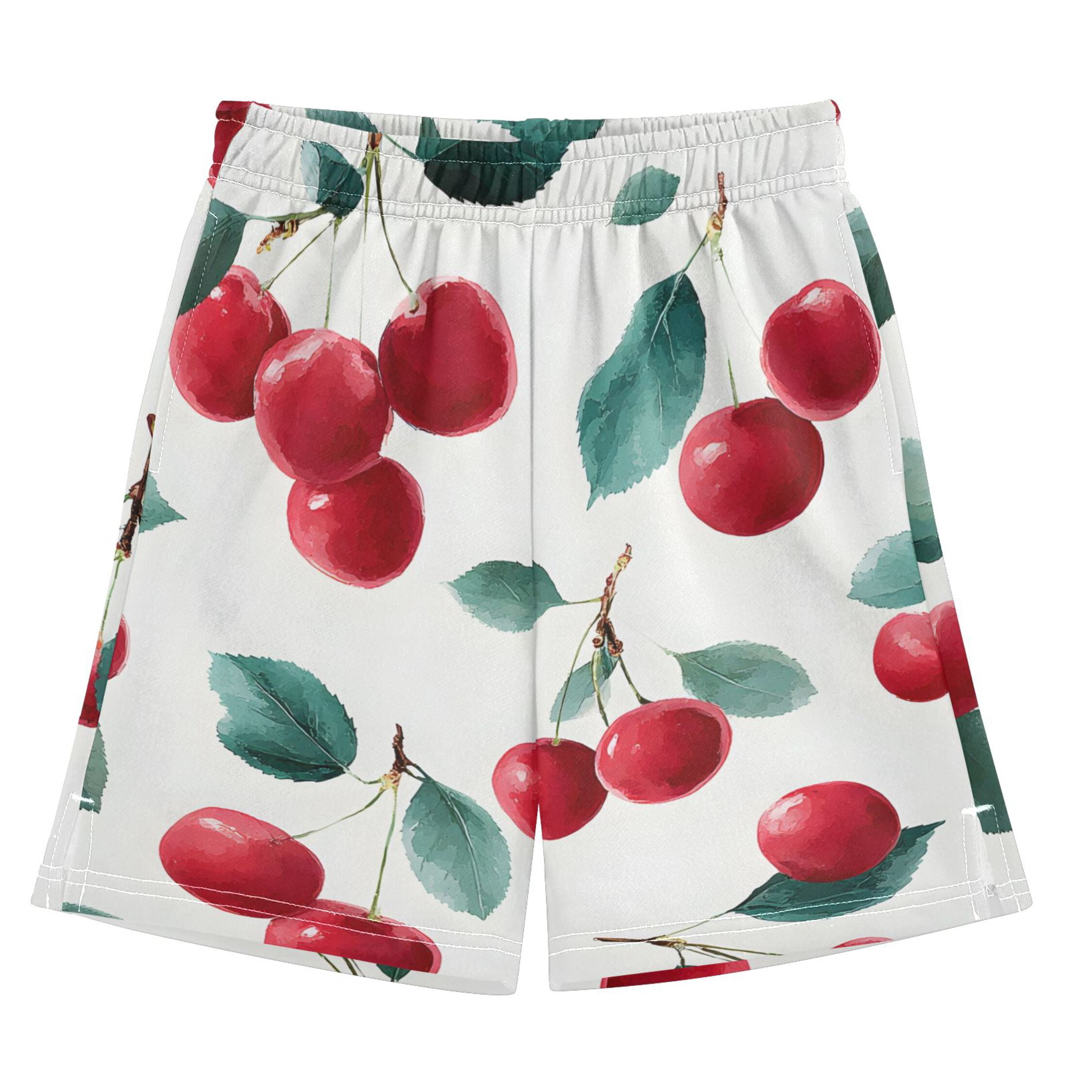 BZSMCE Adjustable Drawstring Casual Shorts With Red Cherry Leaves ...