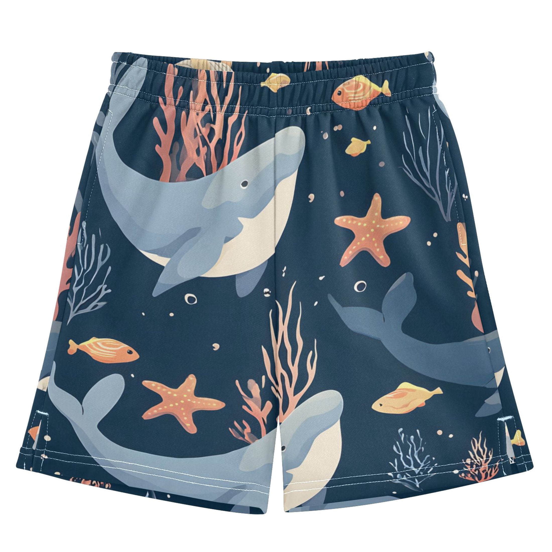 BZSMCE Adjustable Drawstring Casual Shorts With Whale Fish Coral ...