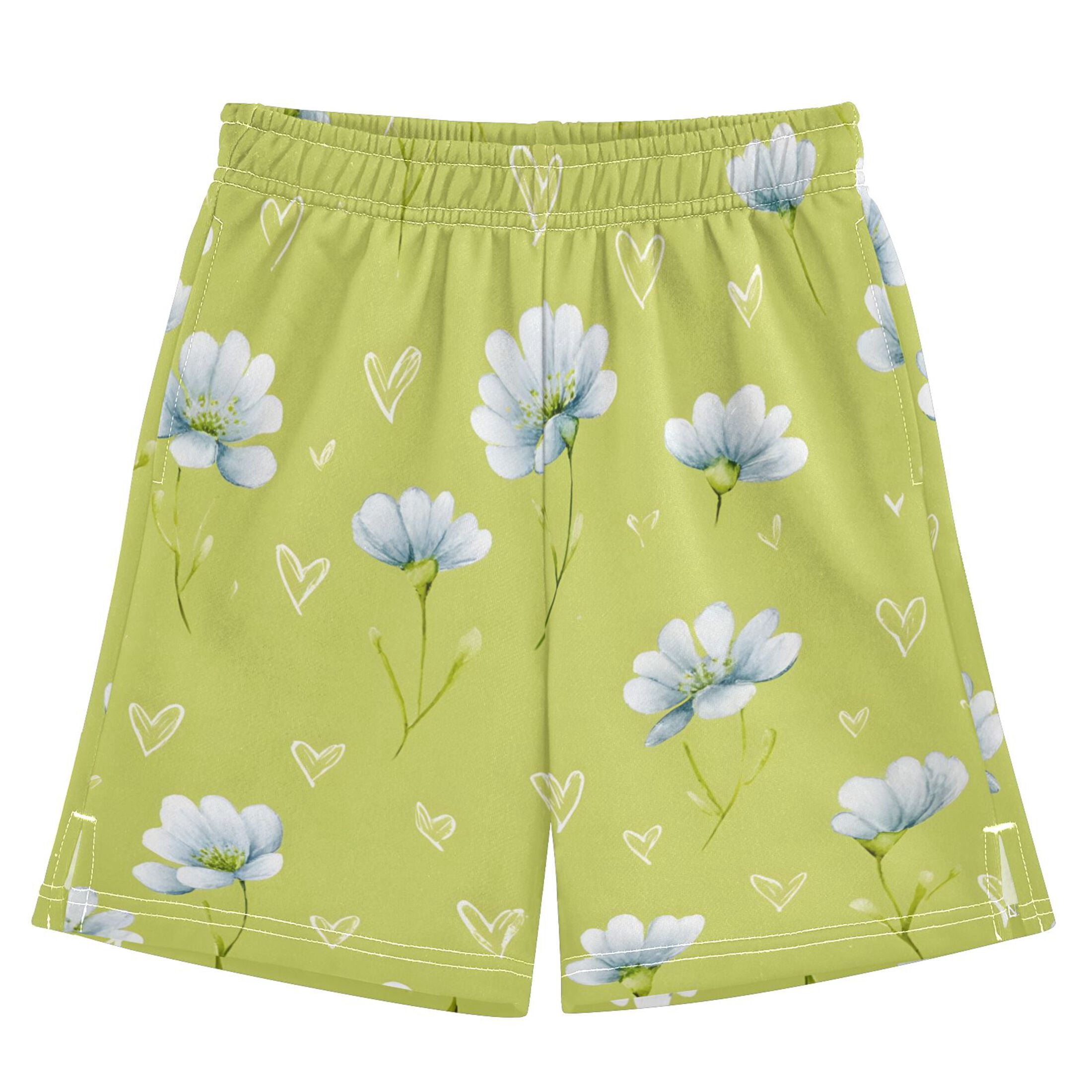 BZSMCE Adjustable Drawstring Casual Shorts With White Flower Love ...