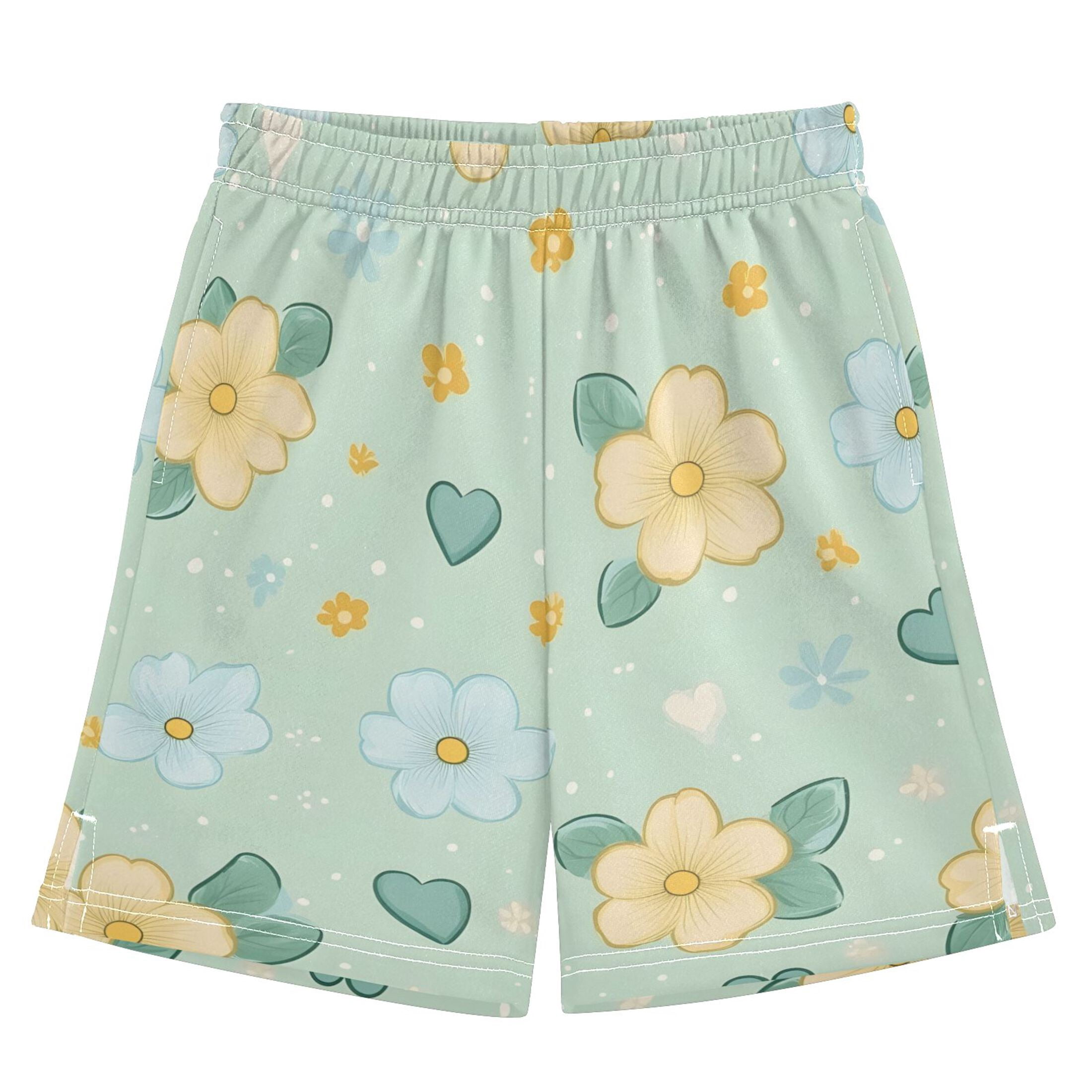 BZSMCE Adjustable Drawstring Casual Shorts With Yellow Blue Flowers ...