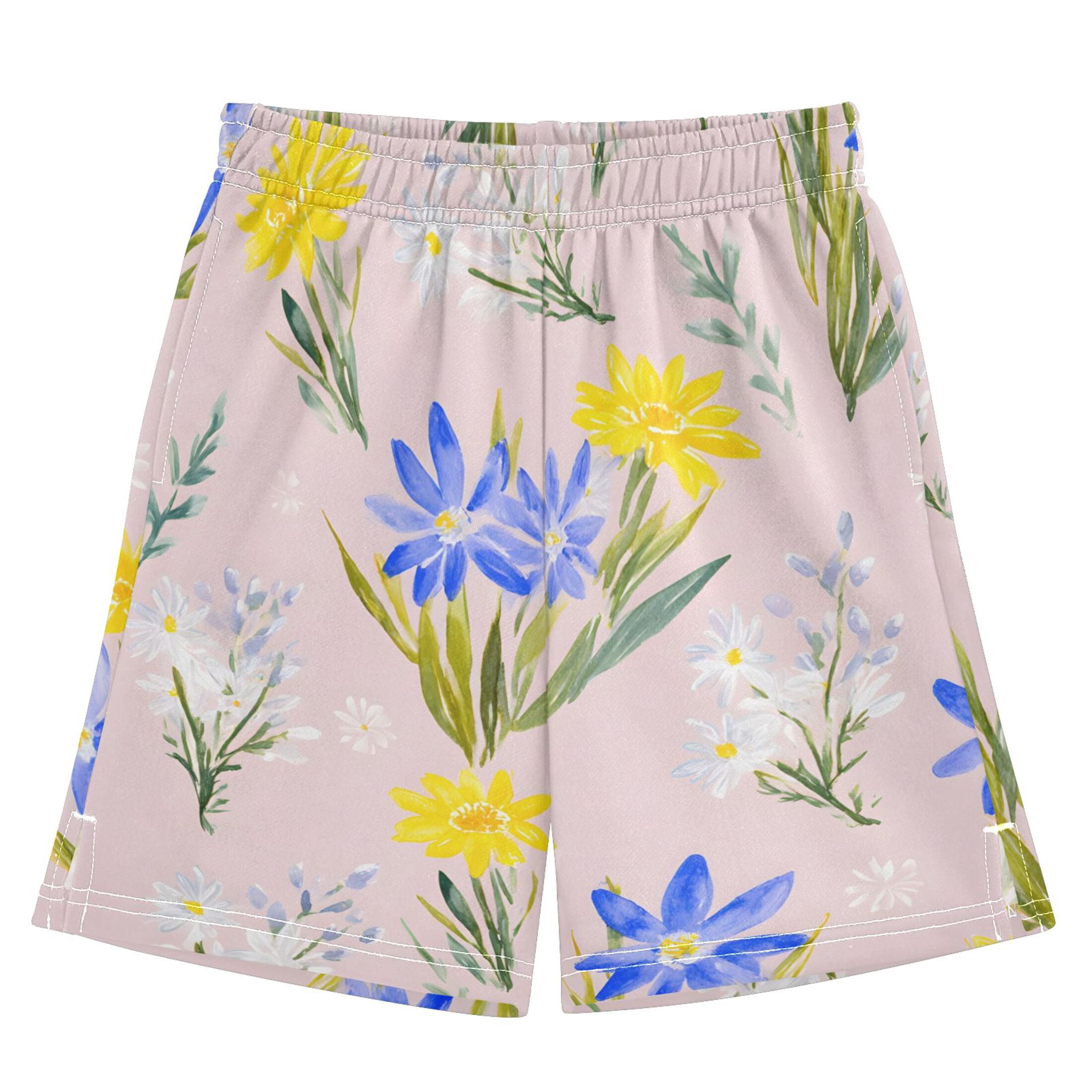 BZSMCE Adjustable Drawstring Casual Shorts With Yellow Daisy Blue Daisy ...