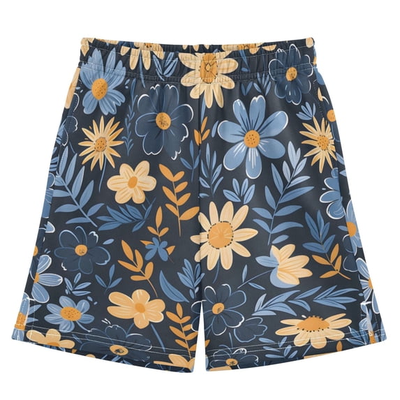 BZSMCE Adjustable Drawstring Casual Shorts With Yellow Flowers Blue ...
