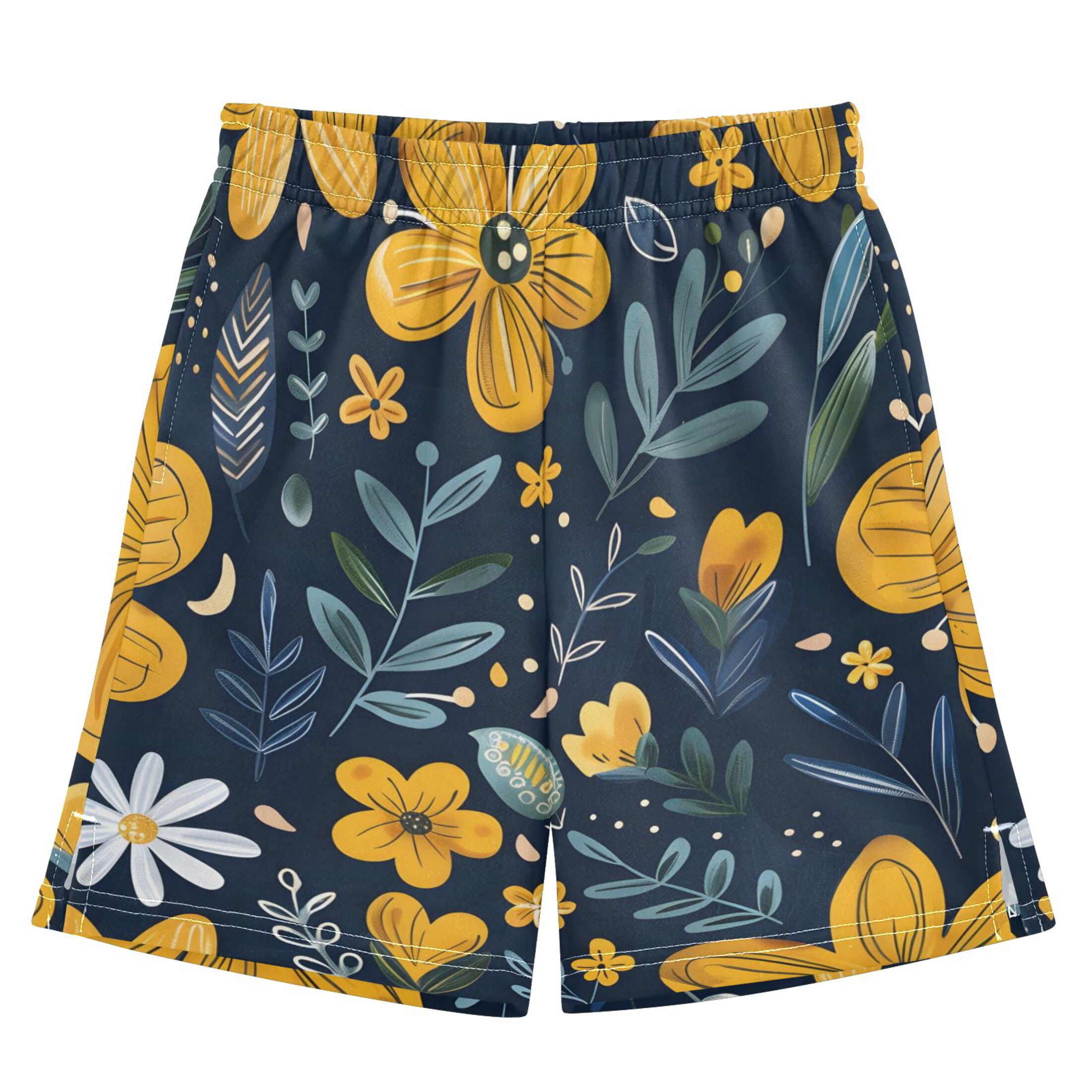 BZSMCE Adjustable Drawstring Casual Shorts With Yellow Flowers and ...