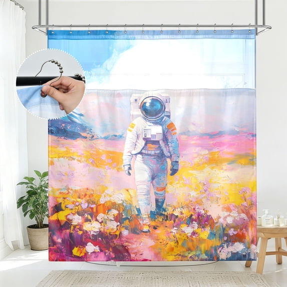 BZSMCE Astronaut Flowers Pattern Bathroom Shower Curtain Set with Hooks ...