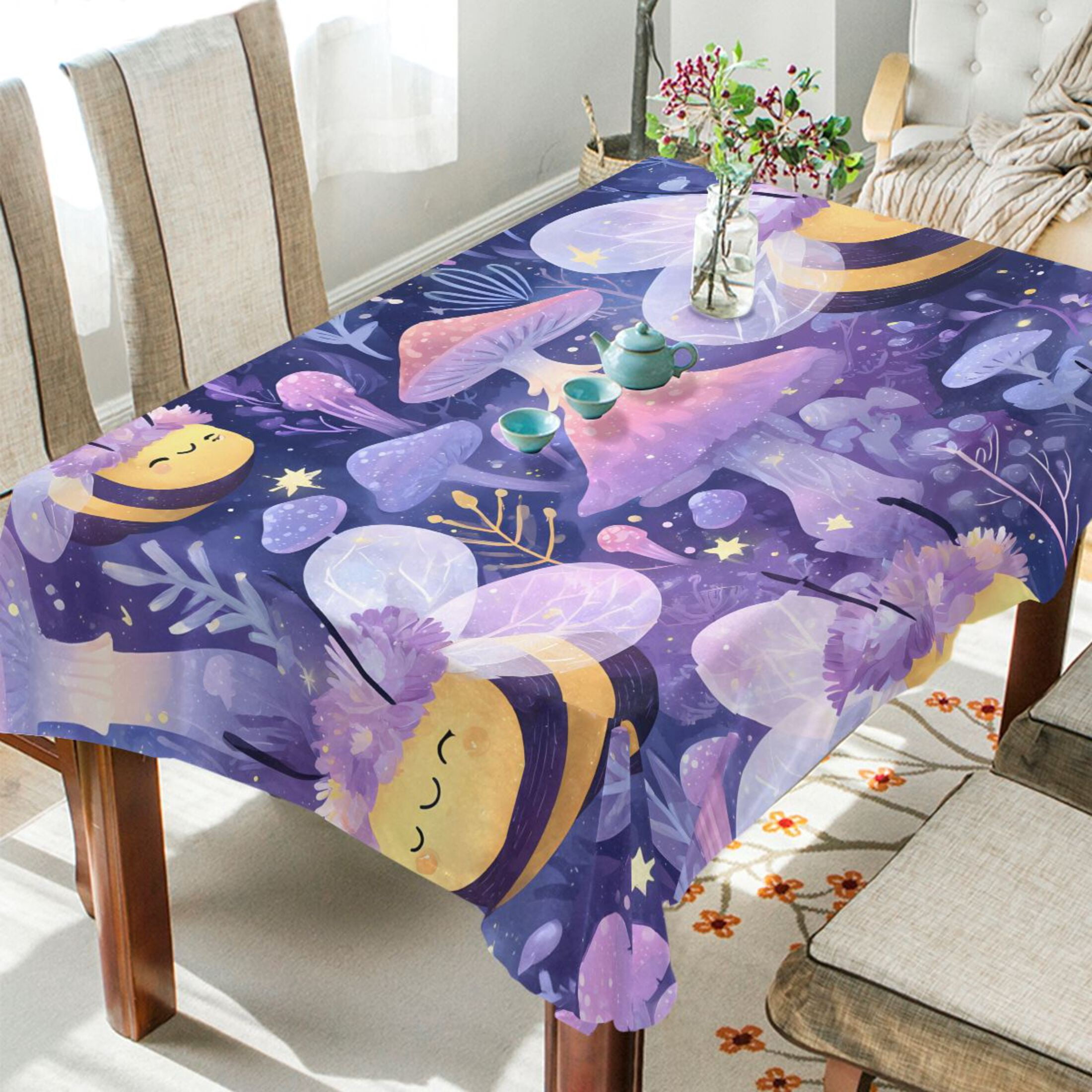 BZSMCE Bee Mushroom Pattern Print Polyester Square Table Cover,Wrinkle ...