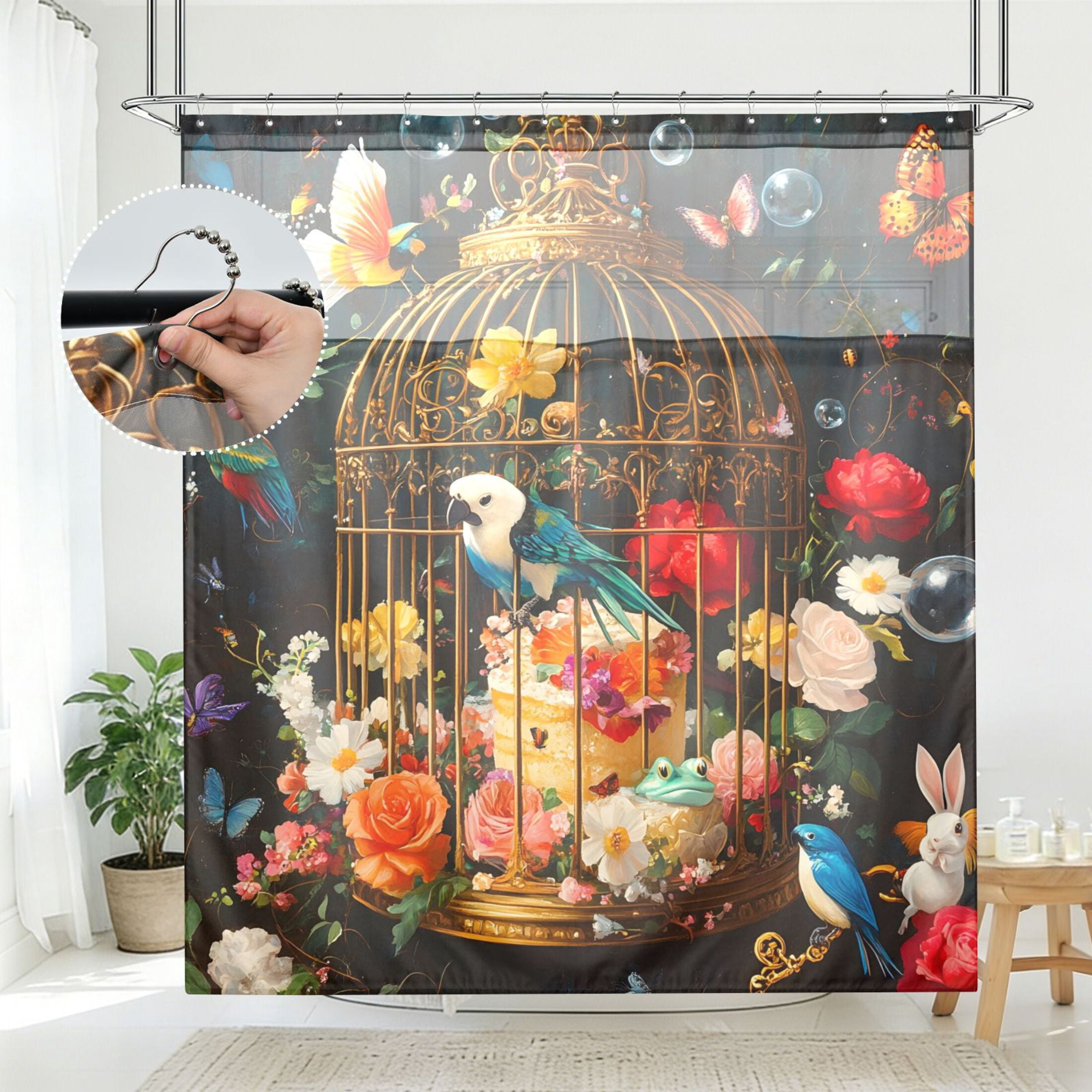 BZSMCE Bird Golden Birdcage Cake Flower Pattern Bathroom Shower Curtain ...