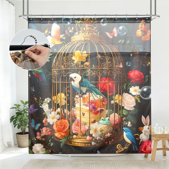 BZSMCE Bird Golden Birdcage Cake Flower Pattern Bathroom Shower Curtain ...