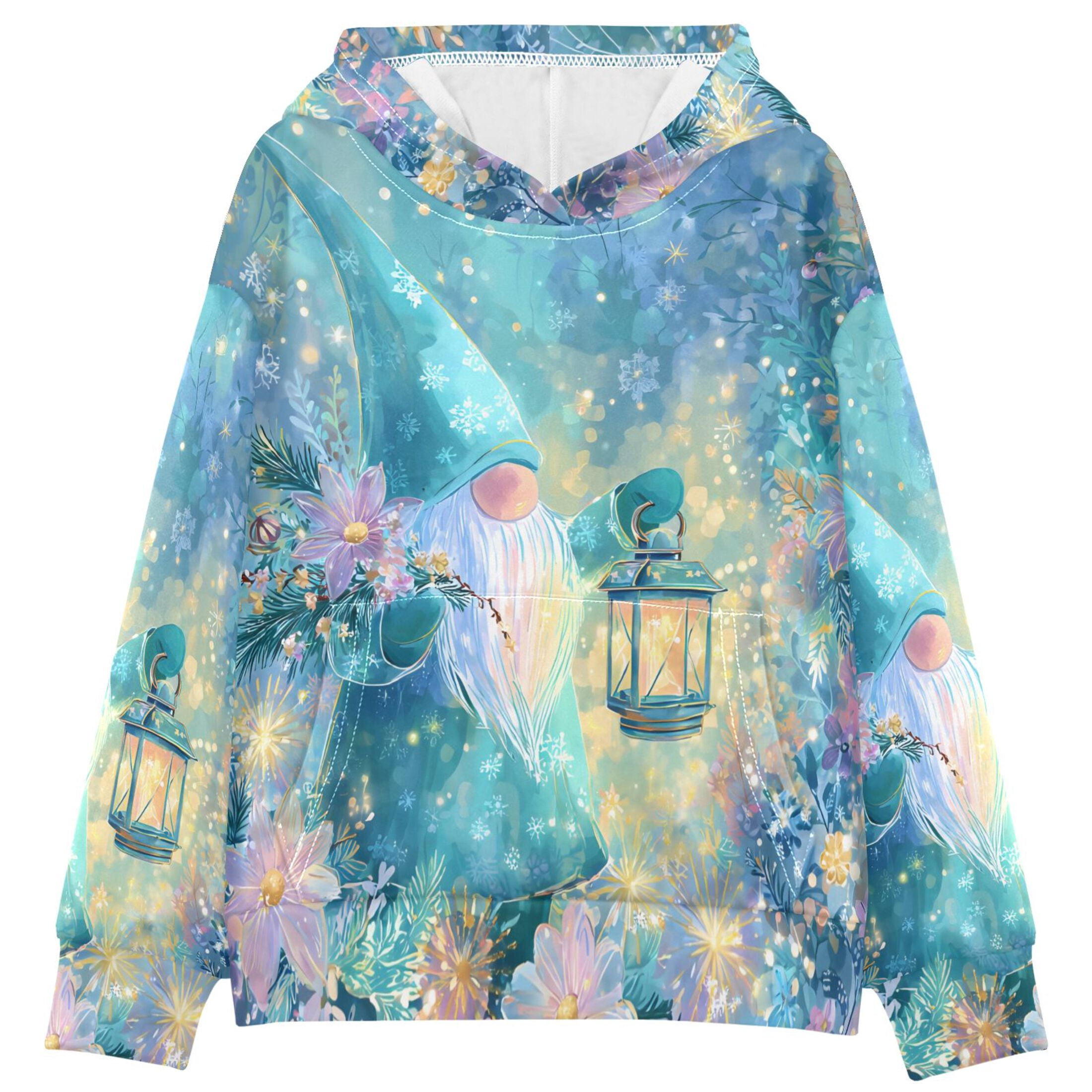 BZSMCE Blue Gnome Flower Star Print Hoodie Casual Pullover Sweatshirt ...