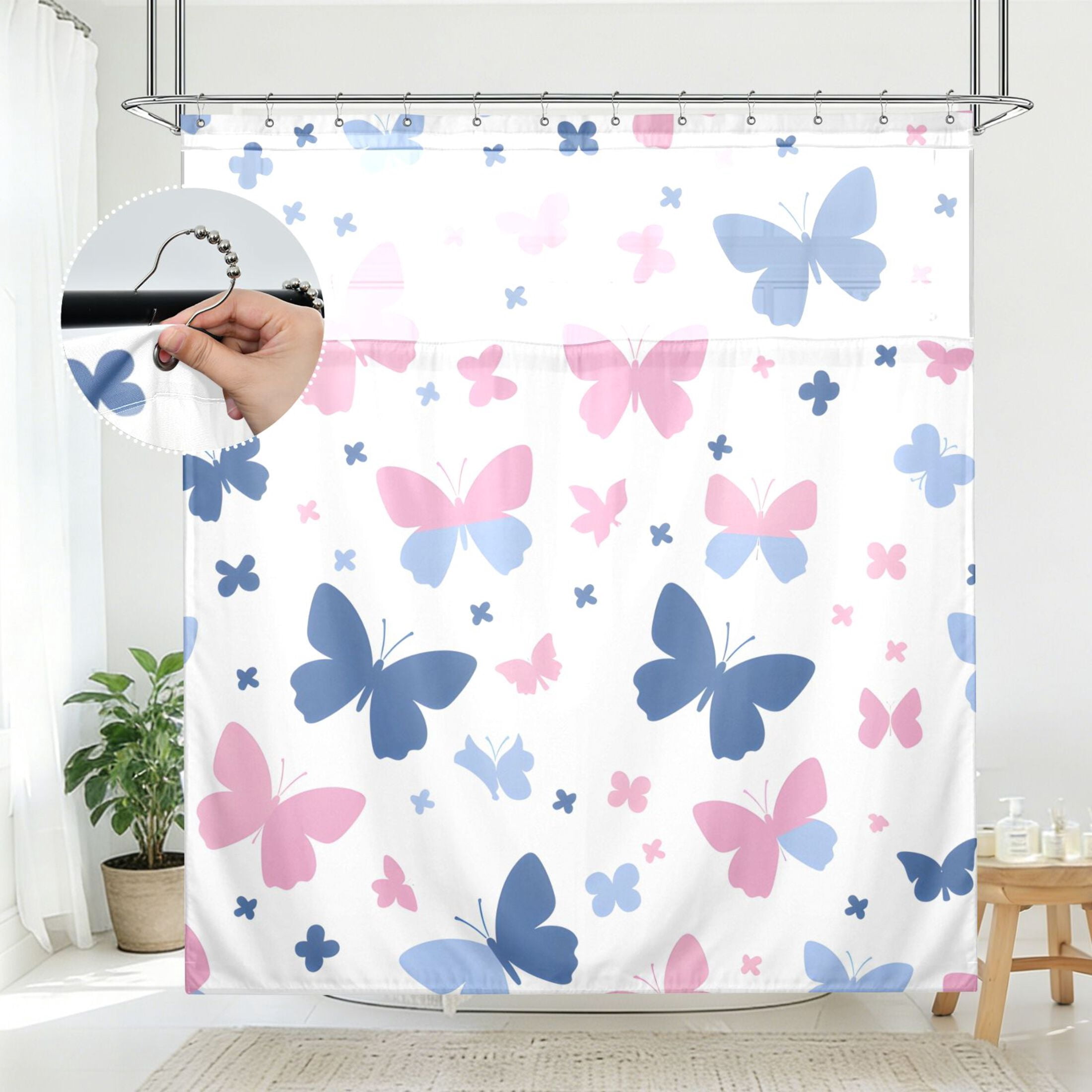 BZSMCE Blue Pink and White Butterflies Pattern Pattern Bathroom Shower ...