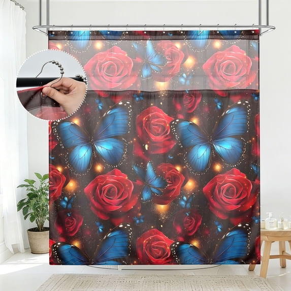 BZSMCE Blue Spotted Butterfly Red Rose Pattern Pattern Bathroom Shower ...