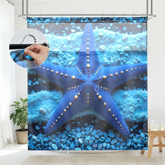 BZSMCE Blue Starfish Pattern Bathroom Shower Curtain Set with Hooks ...