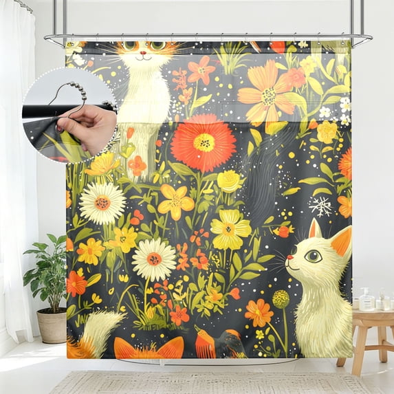 BZSMCE Cat Black Flower Pattern Pattern Bathroom Shower Curtain Set ...