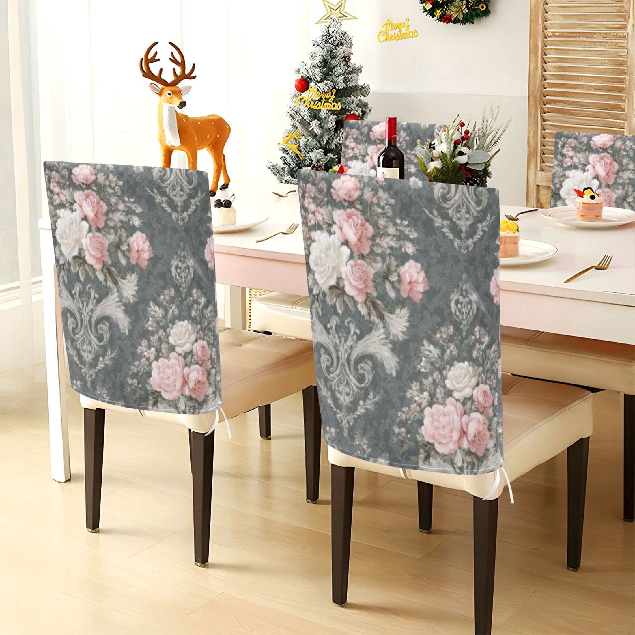 BZSMCE Chair Covers Set Home Decor Seat Back Cover Charcoal Gray Floral ...