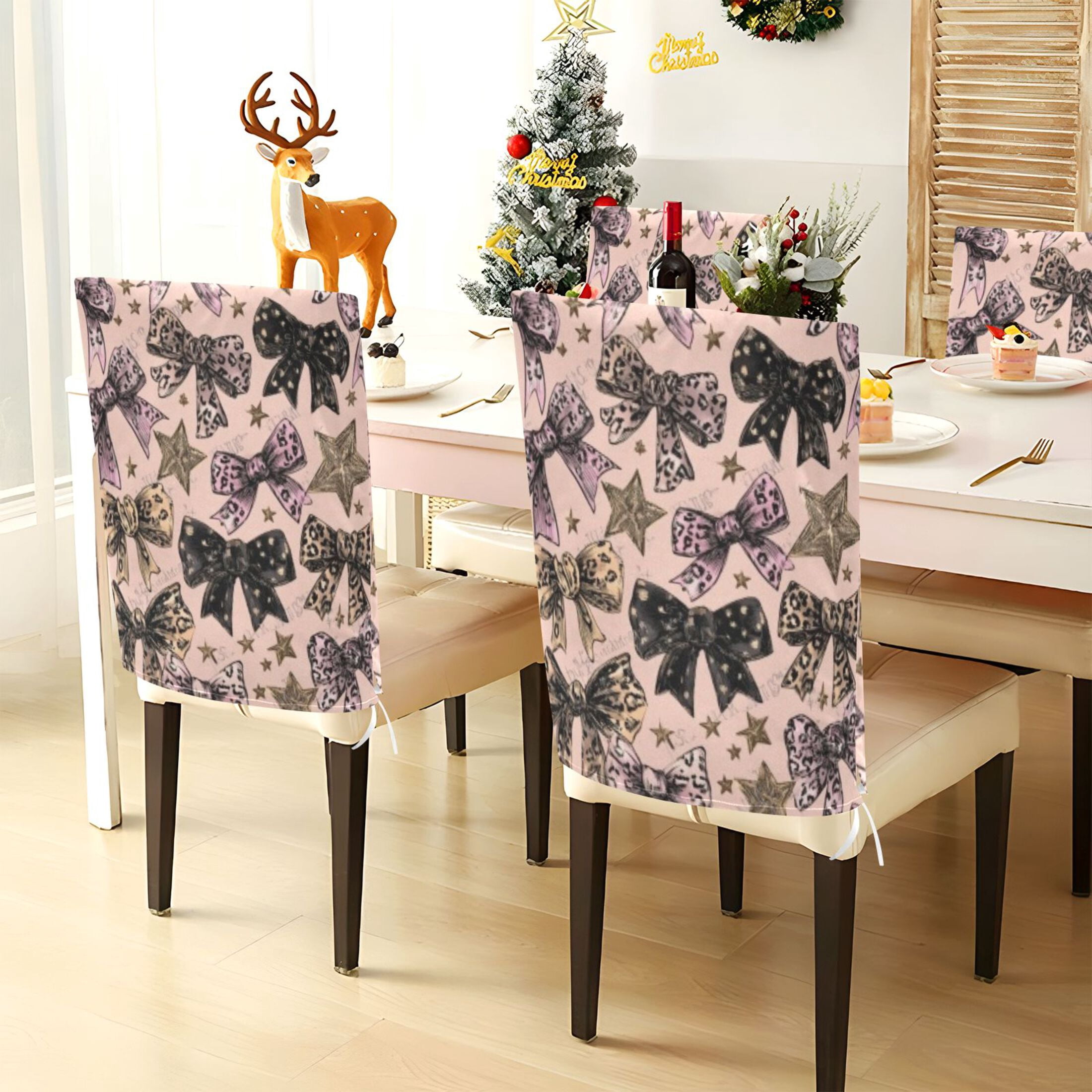 BZSMCE Chair Covers Set Home Decor Seat Back Cover Gilded Bow Leopard ...