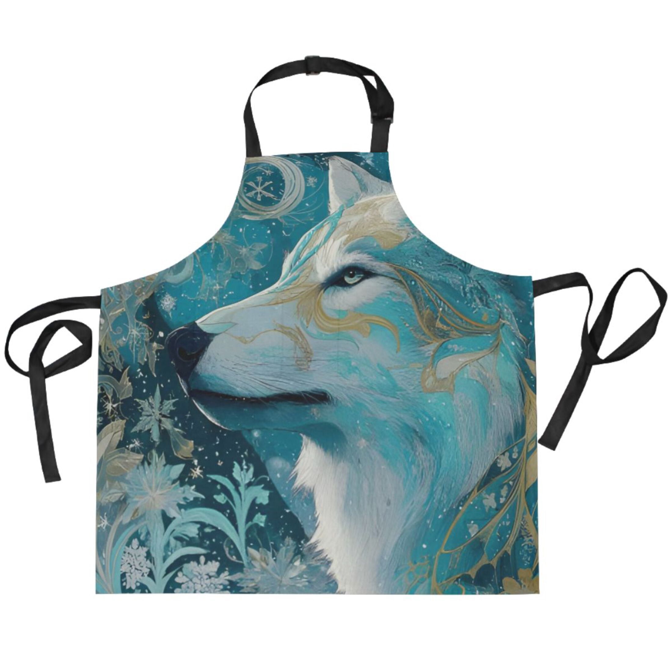 BZSMCE Chef Kitchen Apron 2 Pockets In Aqua Wolf’s Celestial Bloom ...