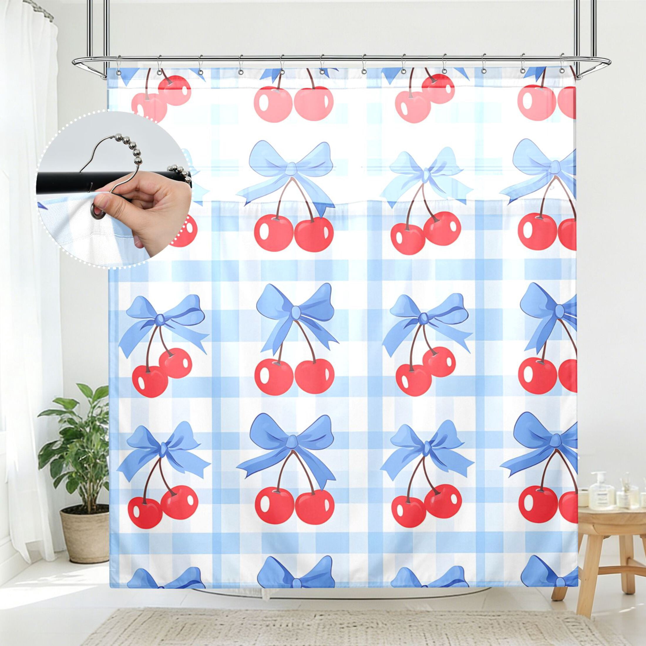 BZSMCE Cherry Blue Bow Grid Pattern Pattern Bathroom Shower Curtain Set ...
