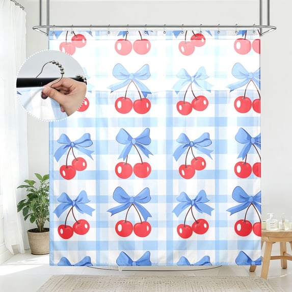 BZSMCE Cherry Blue Bow Grid Pattern Pattern Bathroom Shower Curtain Set ...