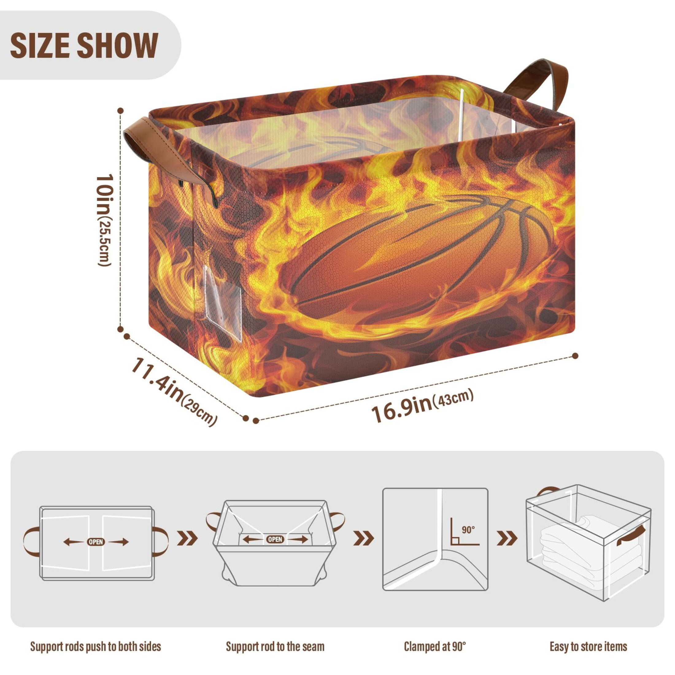 BZSMCE Collapsible Fabric Cube Storage Bins Basketball with Flames ...